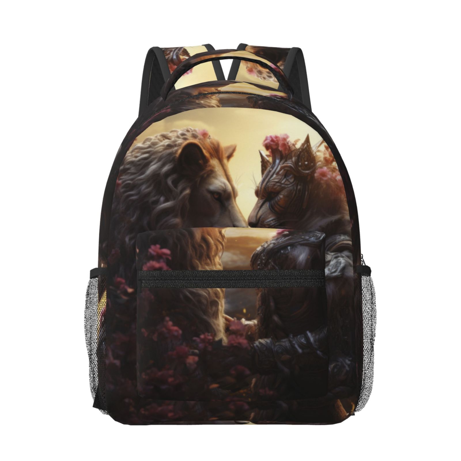 Qokaie Romantic Flower Lion Couple Style School Backpack Travel Bag for ...