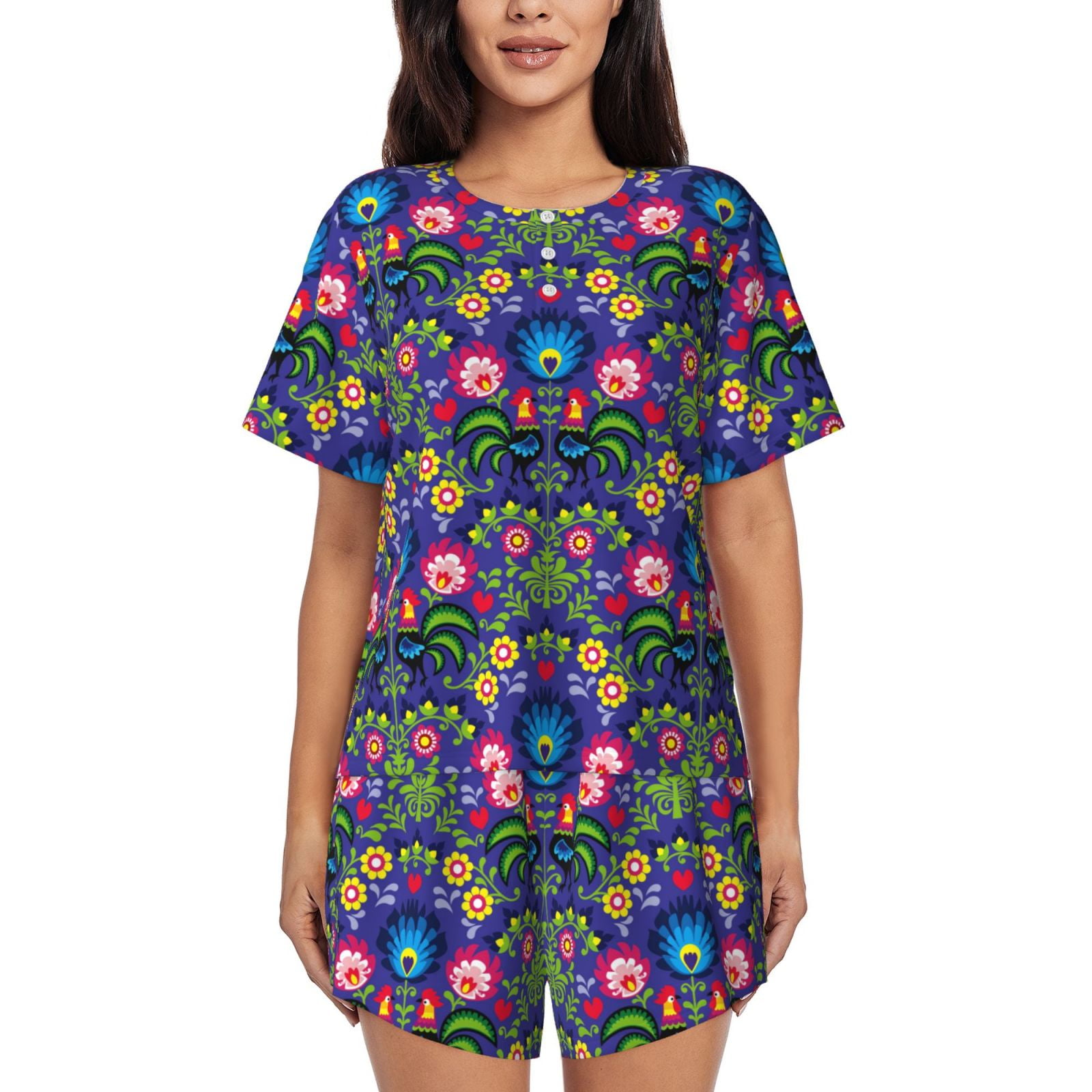 Qokaie Roosters 1 Pattern Pajamas Sets for Women Soft Short-Sleeved Pjs ...
