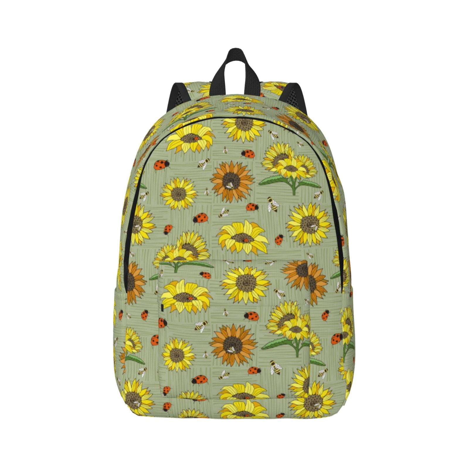 Qokaie Sage Green With Sunflowers Pattern Canvas Backpack Travel ...