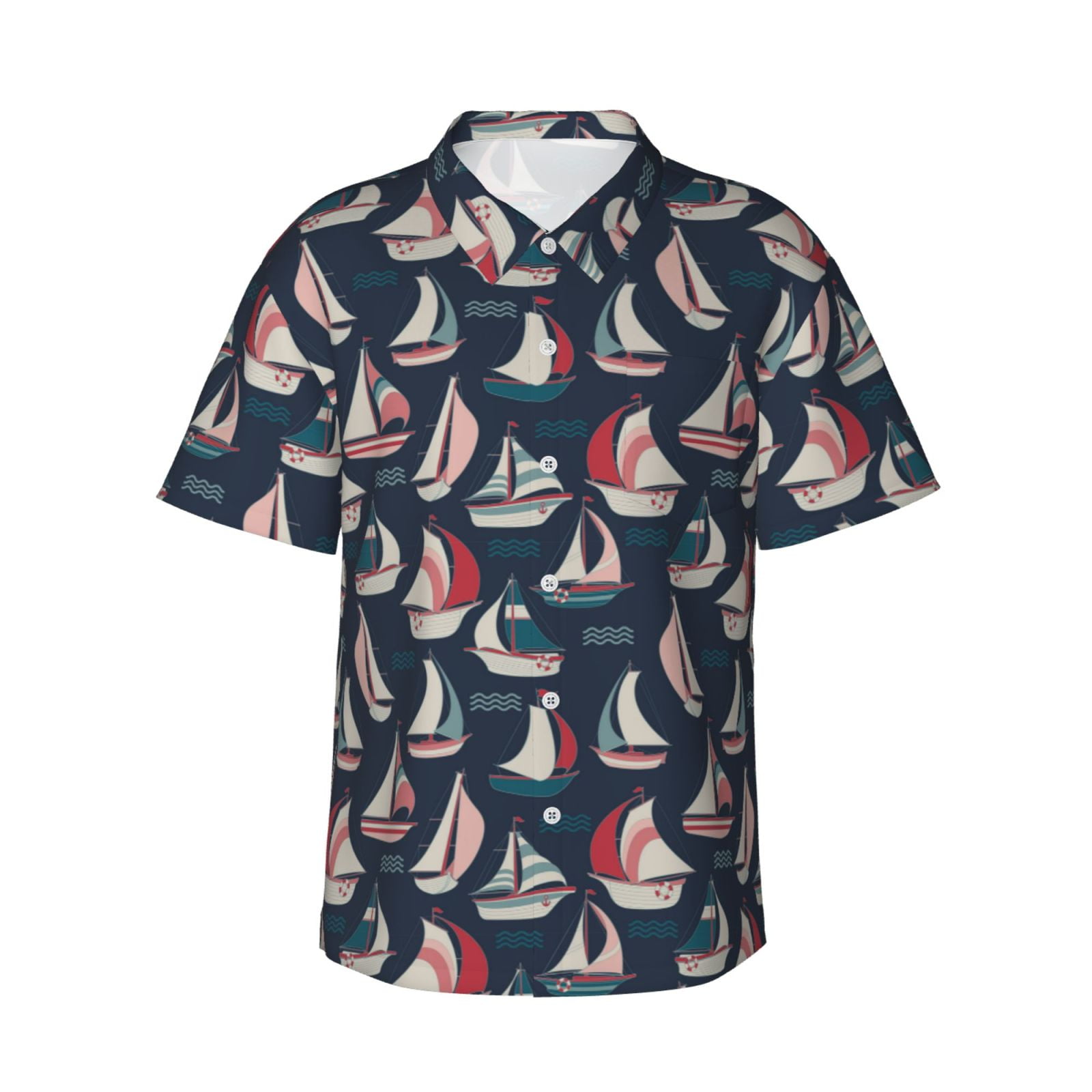 Qokaie Sailboat And Wave Print Men’s Hawaiian Shirt – Tropical Short ...