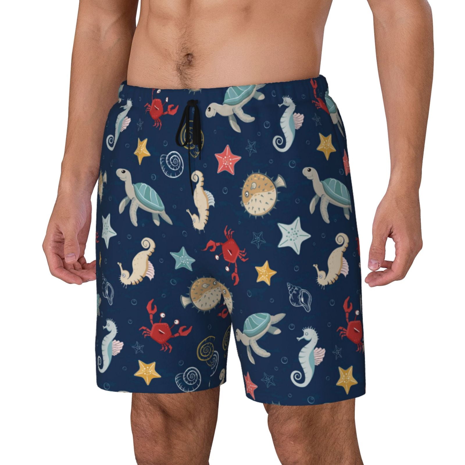 Qokaie Sea Creatures Print Mens Swim Trunks with Compression Liner ...