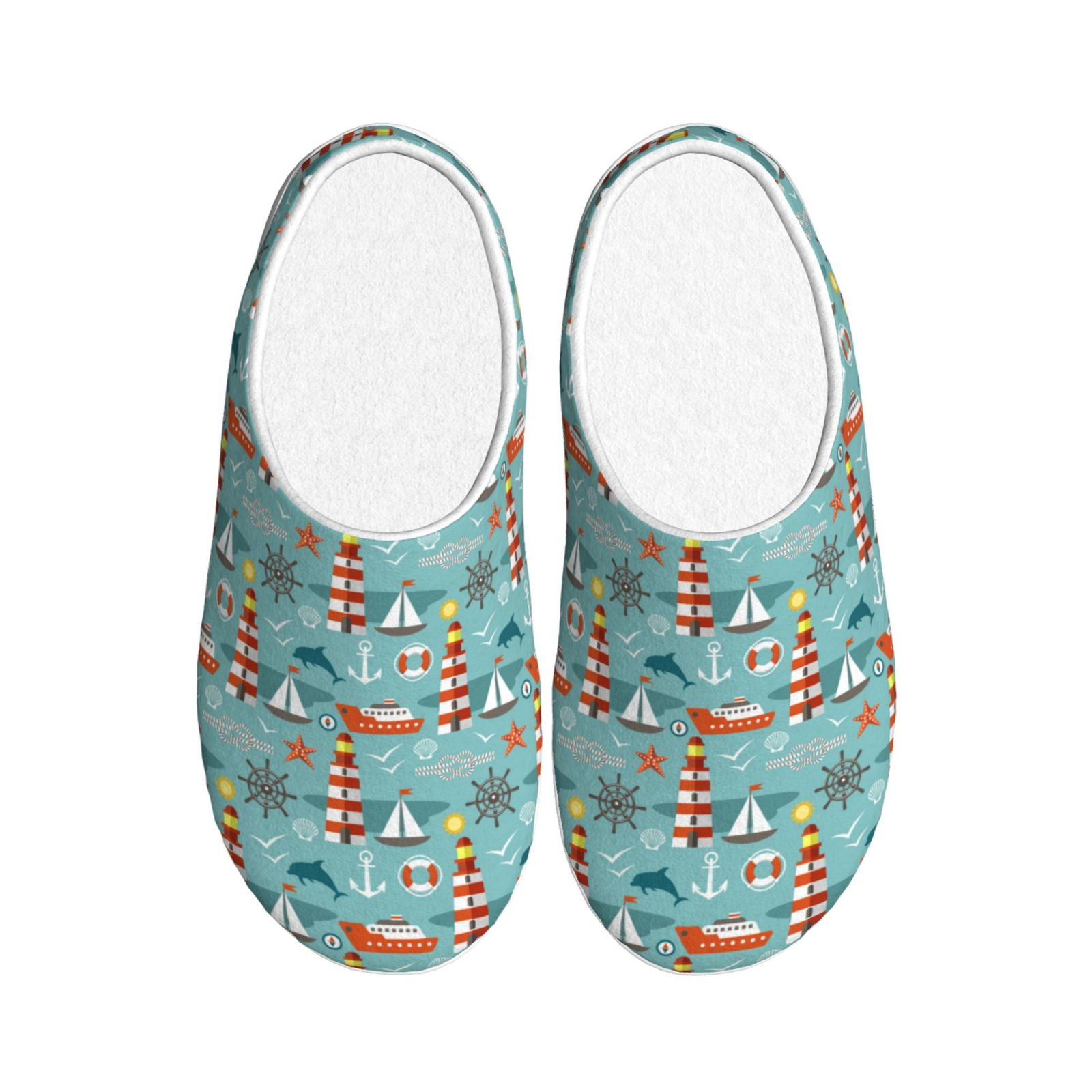 Qokaie Sea Lighthouse Pattern Women's Memory Foam Cotton House Slippers ...