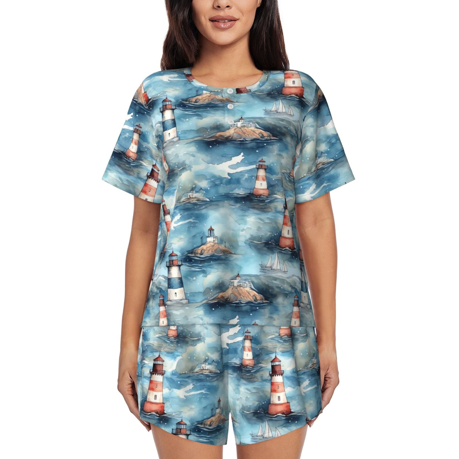 Qokaie Sea Marine And Lighthouse Pattern Pajamas Sets for Women Soft ...