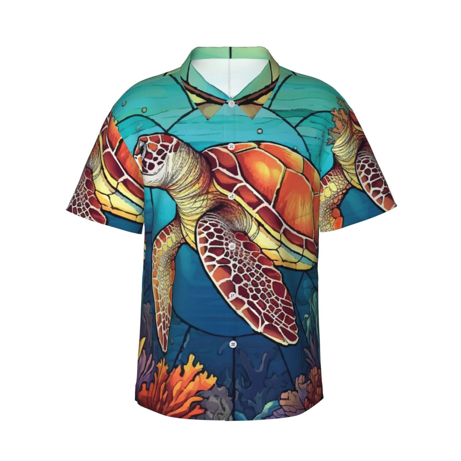 Qokaie Sea Turtle in Coral Print Men’s Hawaiian Shirt – Tropical Short ...