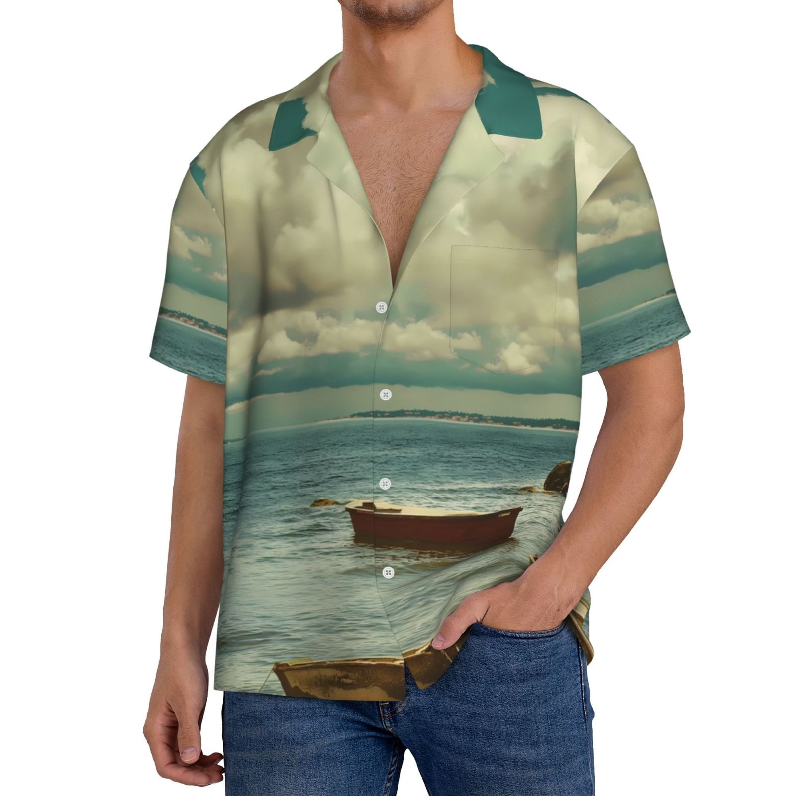 Qokaie Serene Coastal Blue Sky Print Mens Casual Wrinkle Free Shirts ...