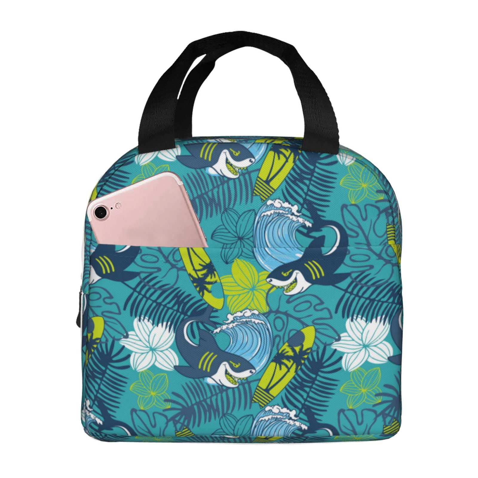 Qokaie Shark And Leaves Printed Large Insulated Lunch Bag Insulated ...