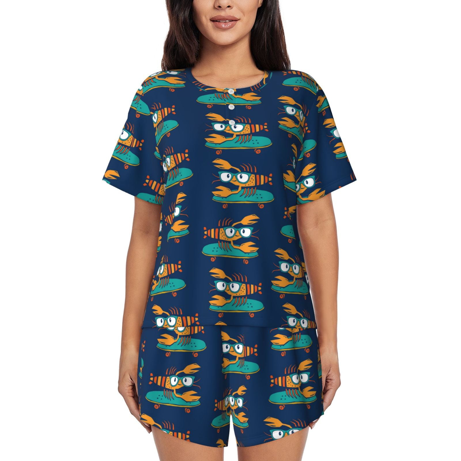 Qokaie Skateboard Rides Cartoon Lobster Pattern Pajamas Sets for Women ...