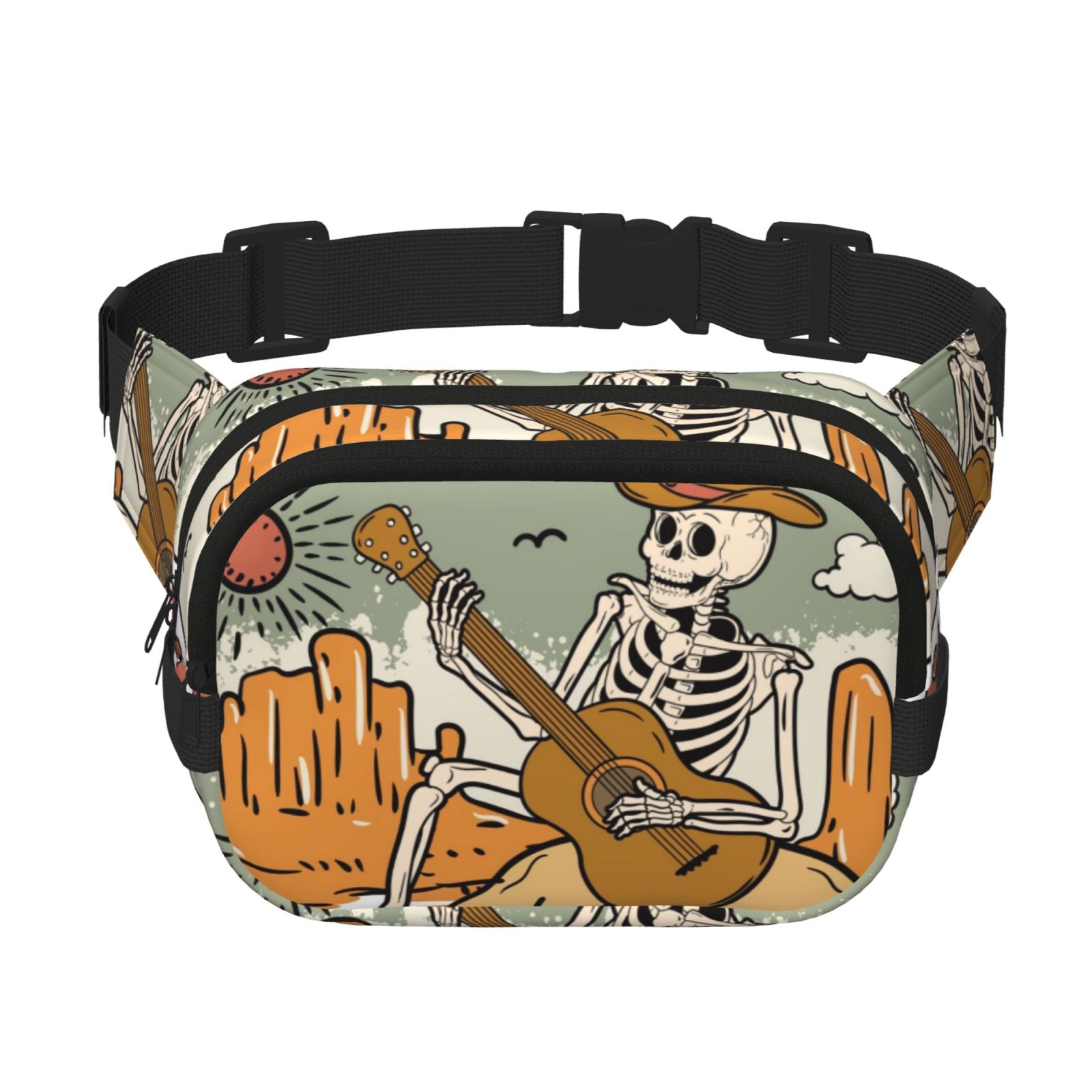 Qokaie Skeleton Cowboy And Guitar Pattern Waist Bag, Double Layer Waist ...