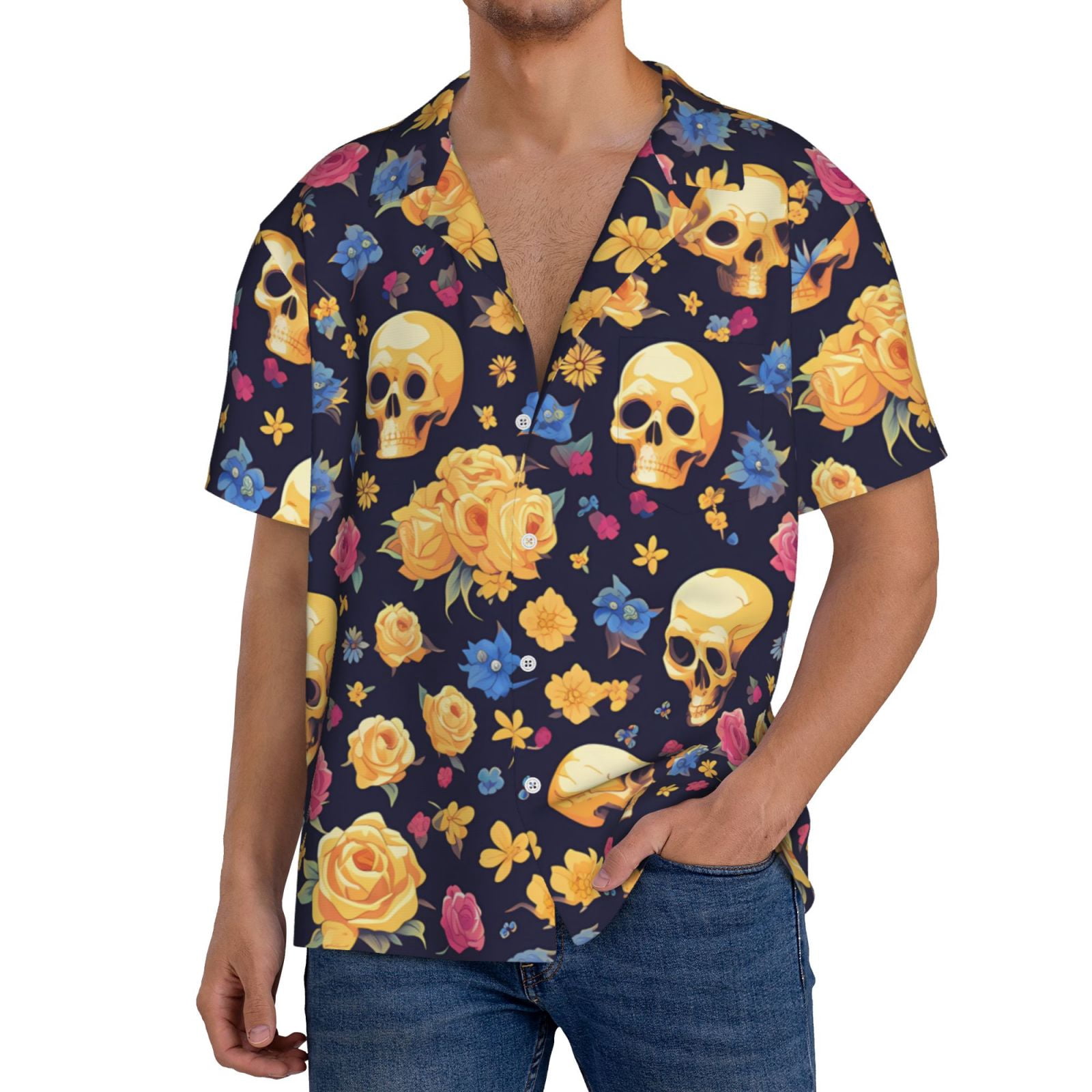 Qokaie Skull gold flower Print Mens Casual Wrinkle Free Shirts Short ...