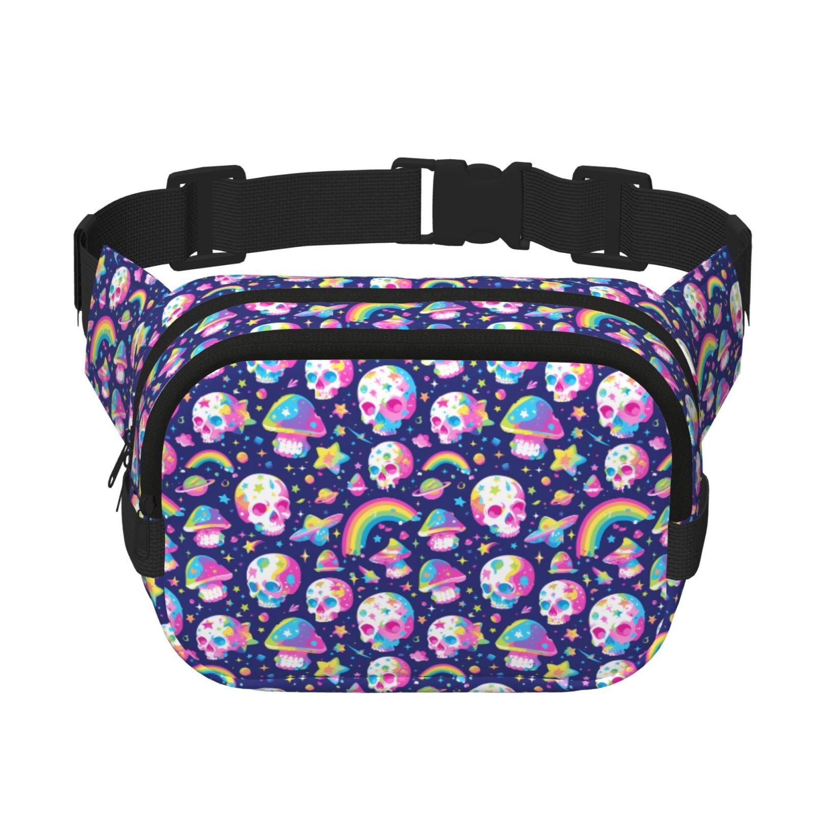 Qokaie Skull mushroom rainbow space Pattern Waist Bag, Double Layer ...