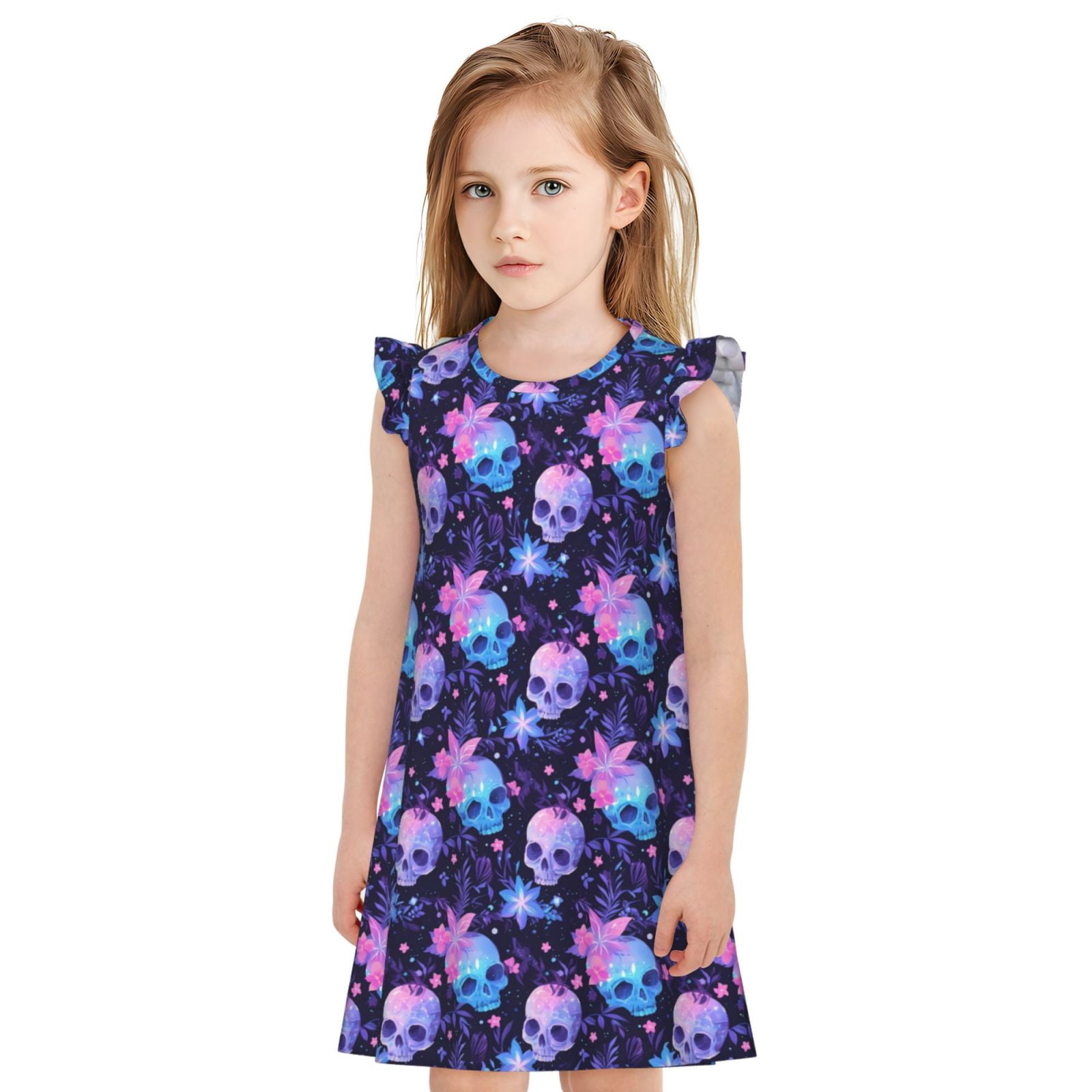 Qokaie Skull starry sky flower leaf Print Girls Nightgowns, Nightgown ...