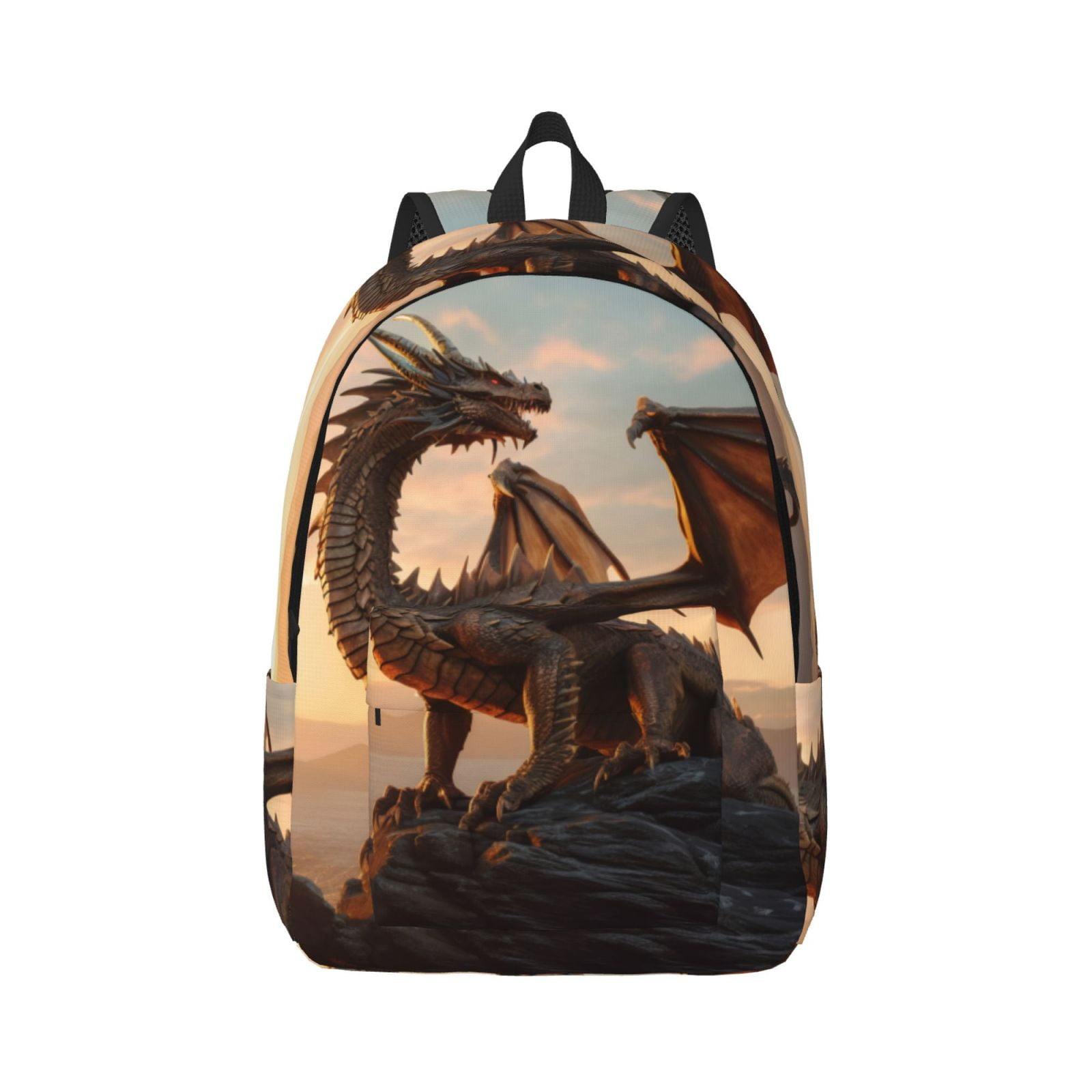 Qokaie Sky Sunset Bronze Dragon Pattern Canvas Backpack Travel Daypack ...