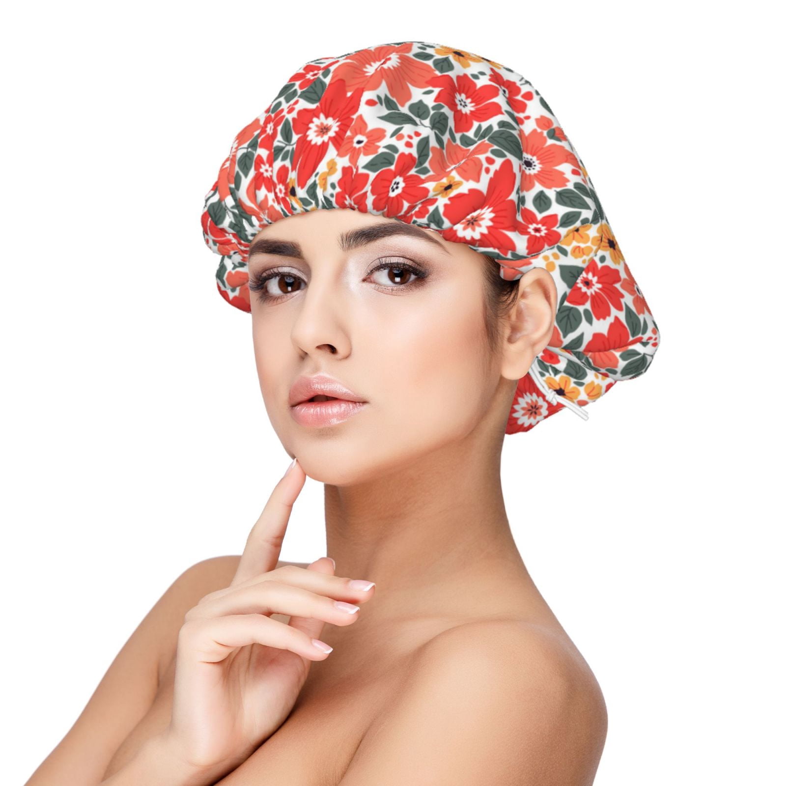 Qokaie Small Coral Red Flowers Printed Silk Satin Bonnet for Sleeping ...