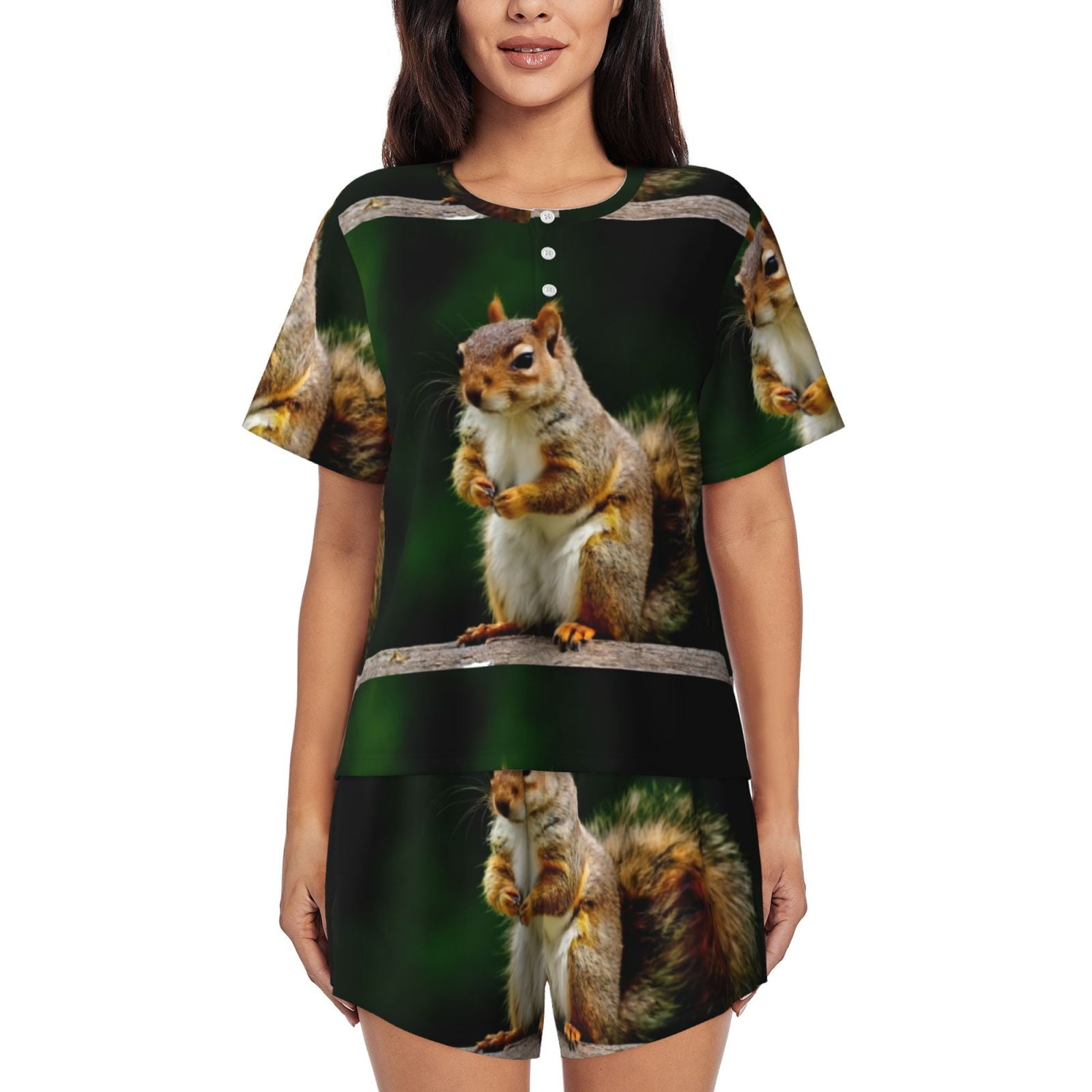 Qokaie Squirrels Eating Peanuts On The Tree Pattern Pajamas Sets for ...