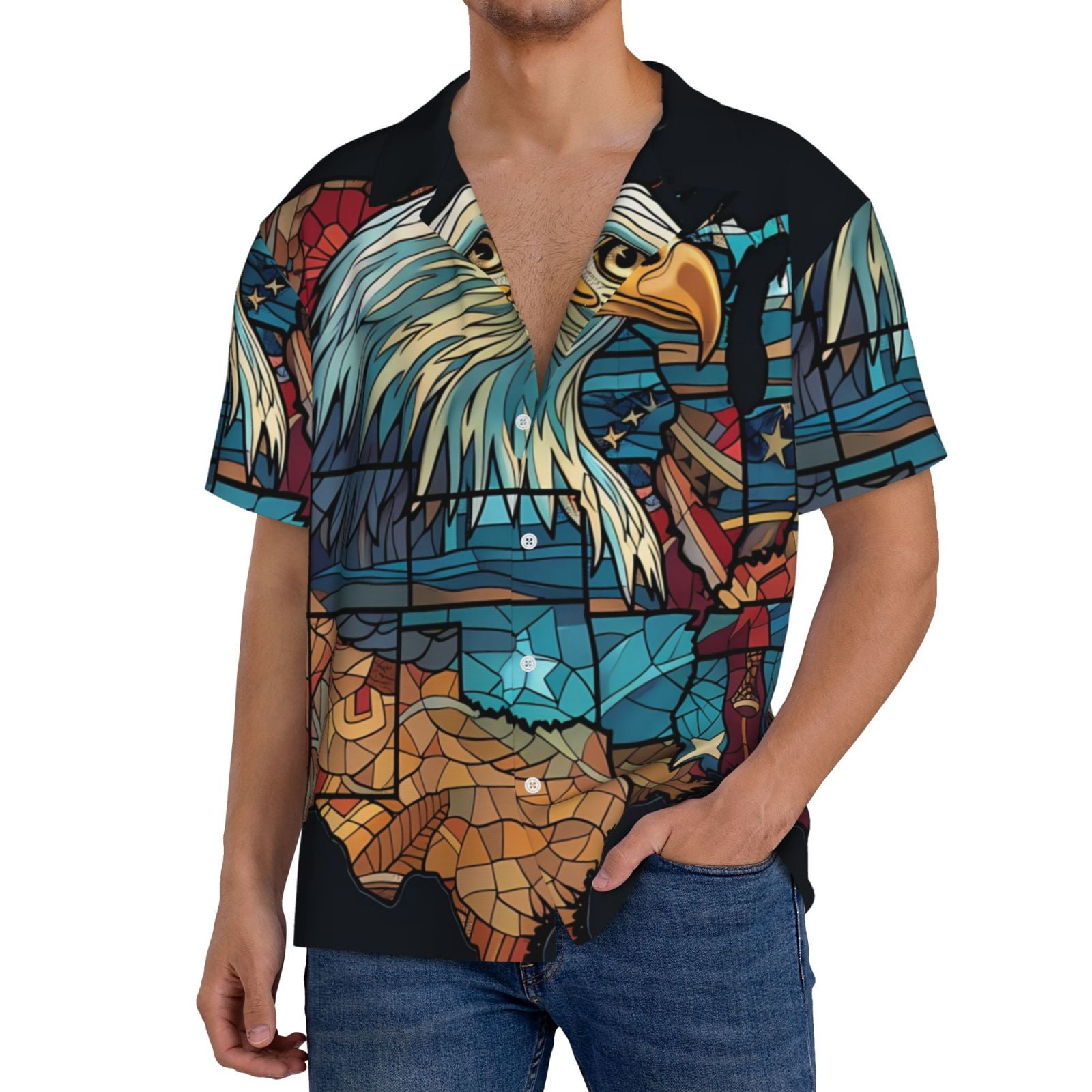 Qokaie Stained Glass Eagle USA Men's Shirts Casual Short Sleeve Button ...