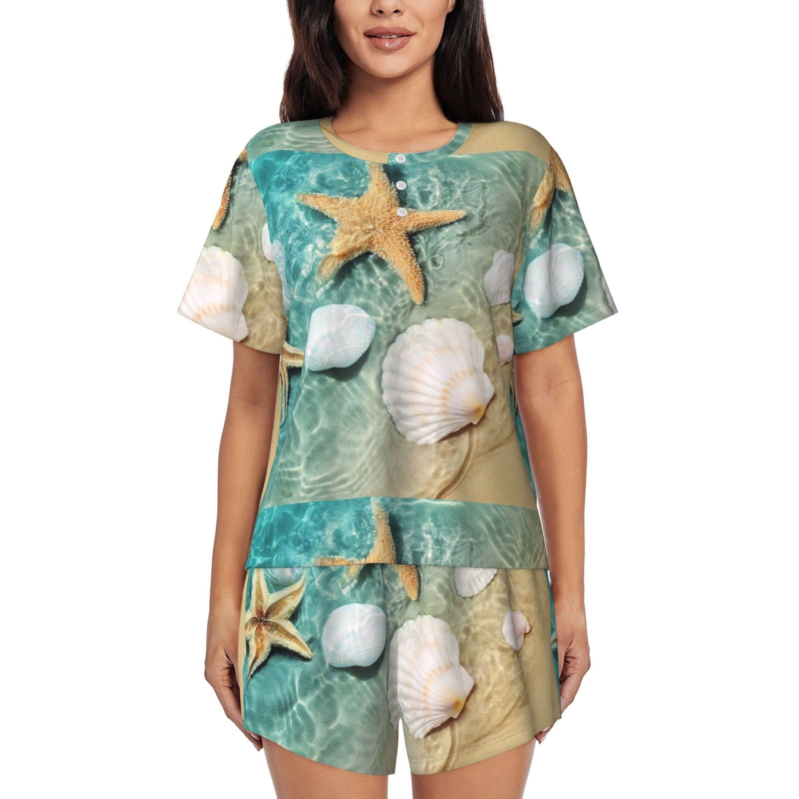 Qokaie Starfish And Seashell Pattern Pajamas Sets for Women Soft Short ...