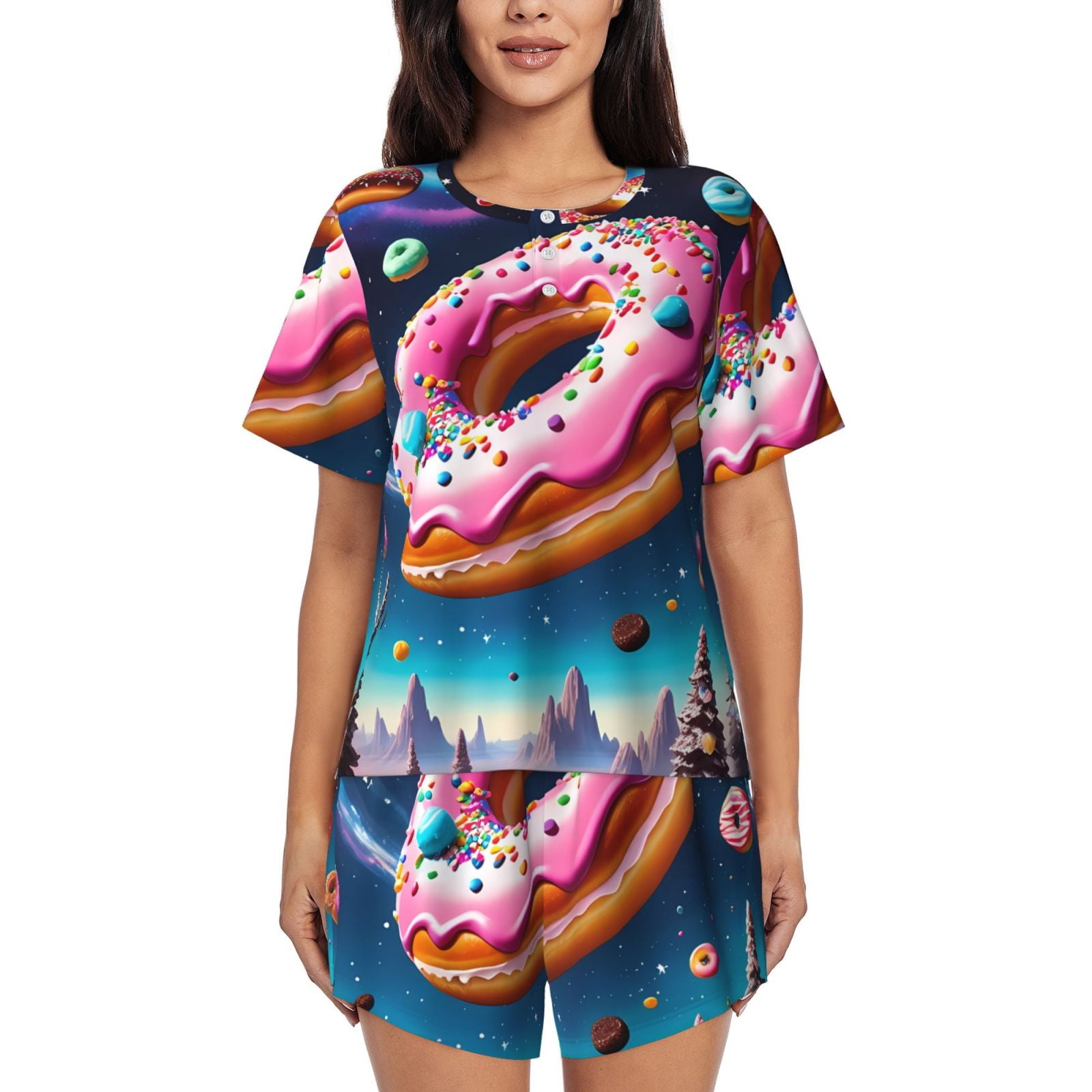 Qokaie Starry Sky Pine Tree Donut Pattern Pajamas Sets for Women Soft ...