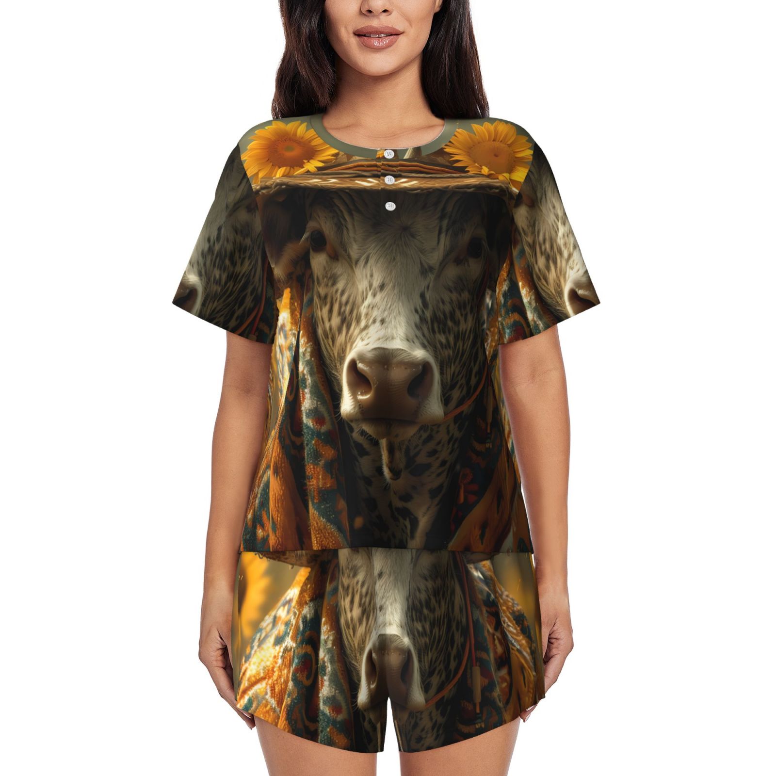 Qokaie Sunflower Cowboy Hat Cow Pattern Pajamas Sets for Women Soft ...