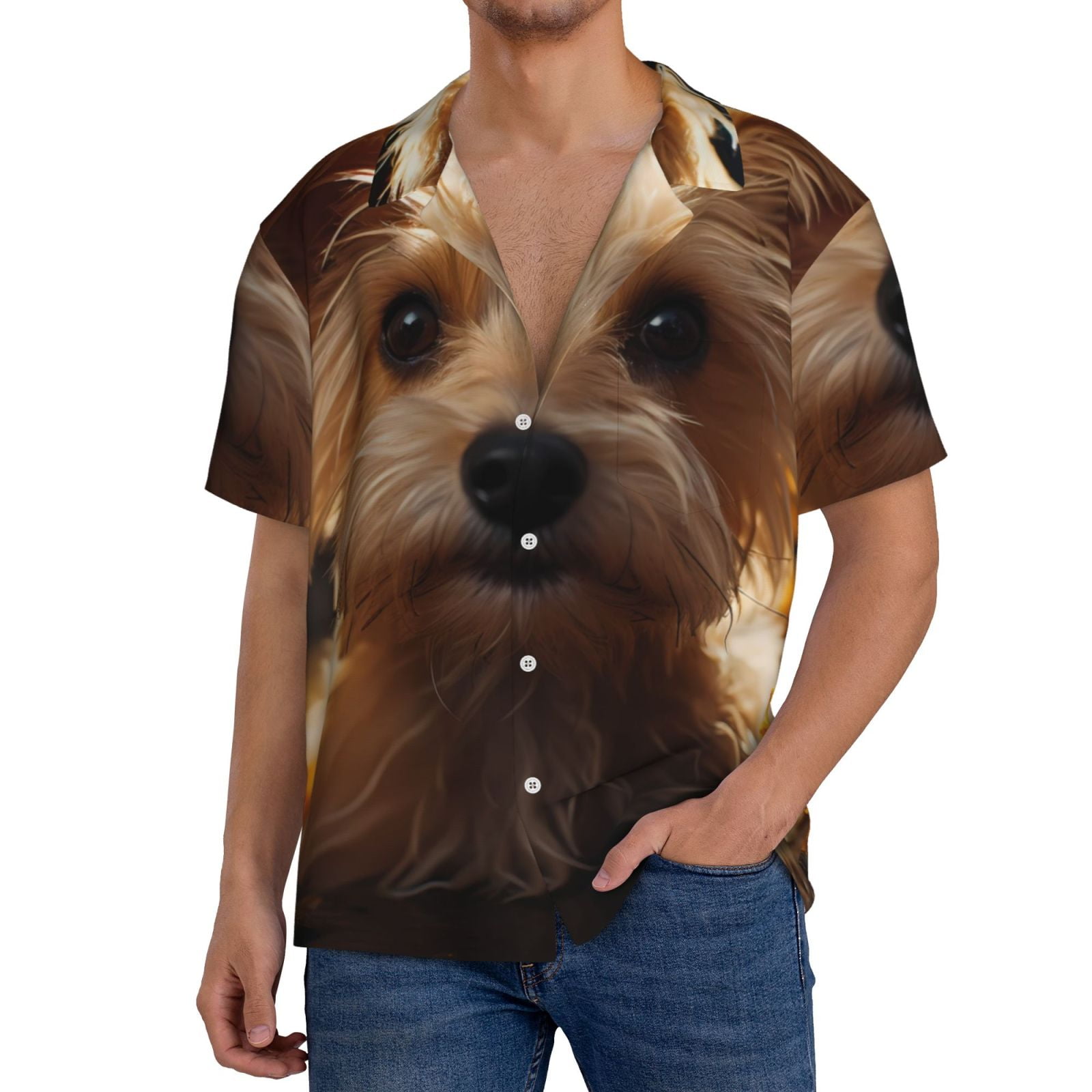 Qokaie Sunflower Cute Puppy Print Mens Casual Wrinkle Free Shirts Short ...