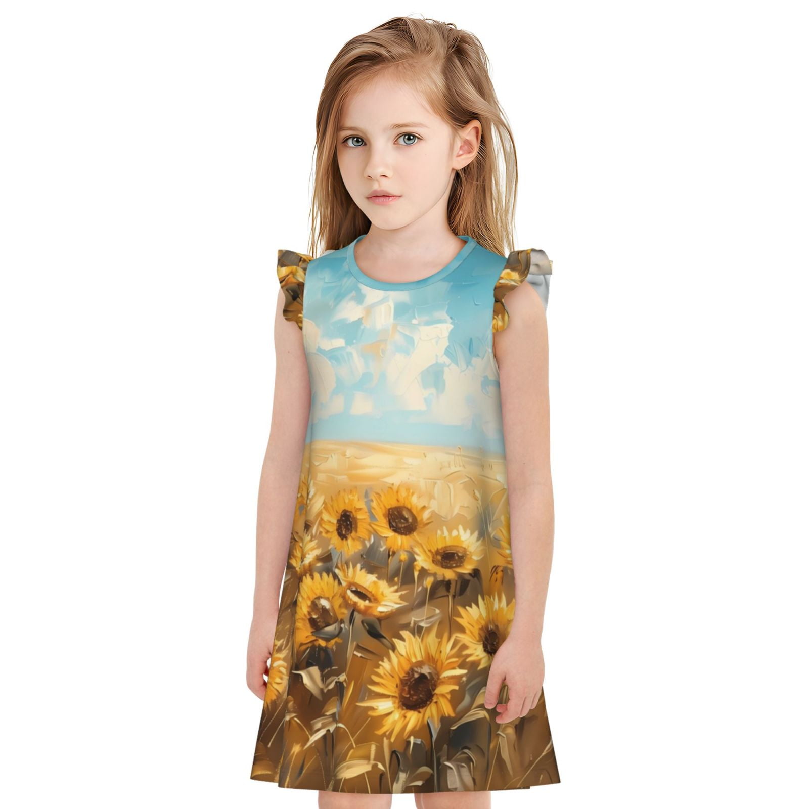 Qokaie Sunflower Field Bliss Print Girls Nightgowns, Nightgown Princess ...