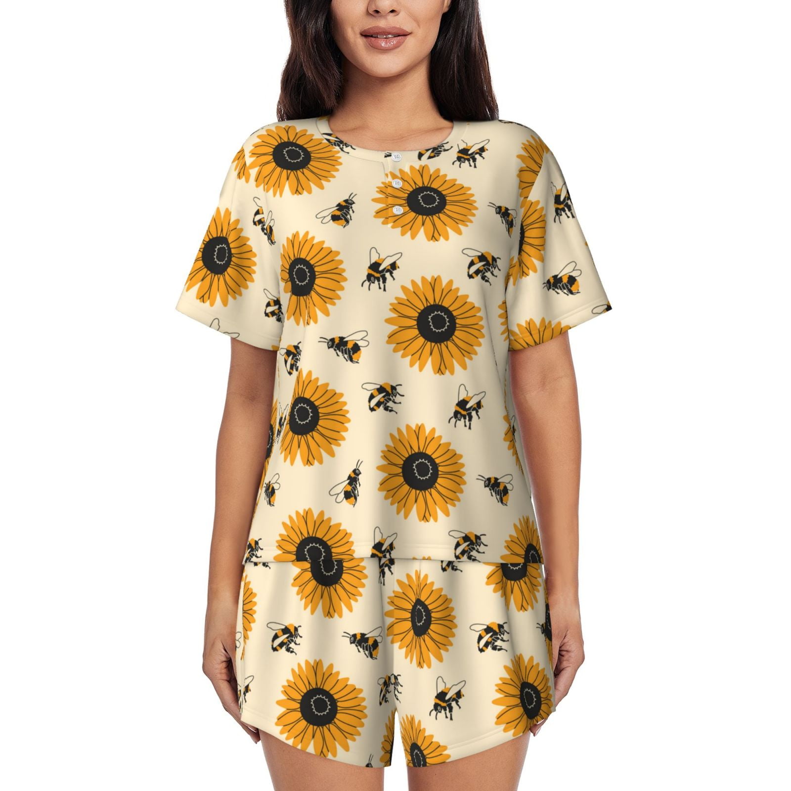 Qokaie Sunflowers And Bee Pattern Pajamas Sets for Women Soft Short ...