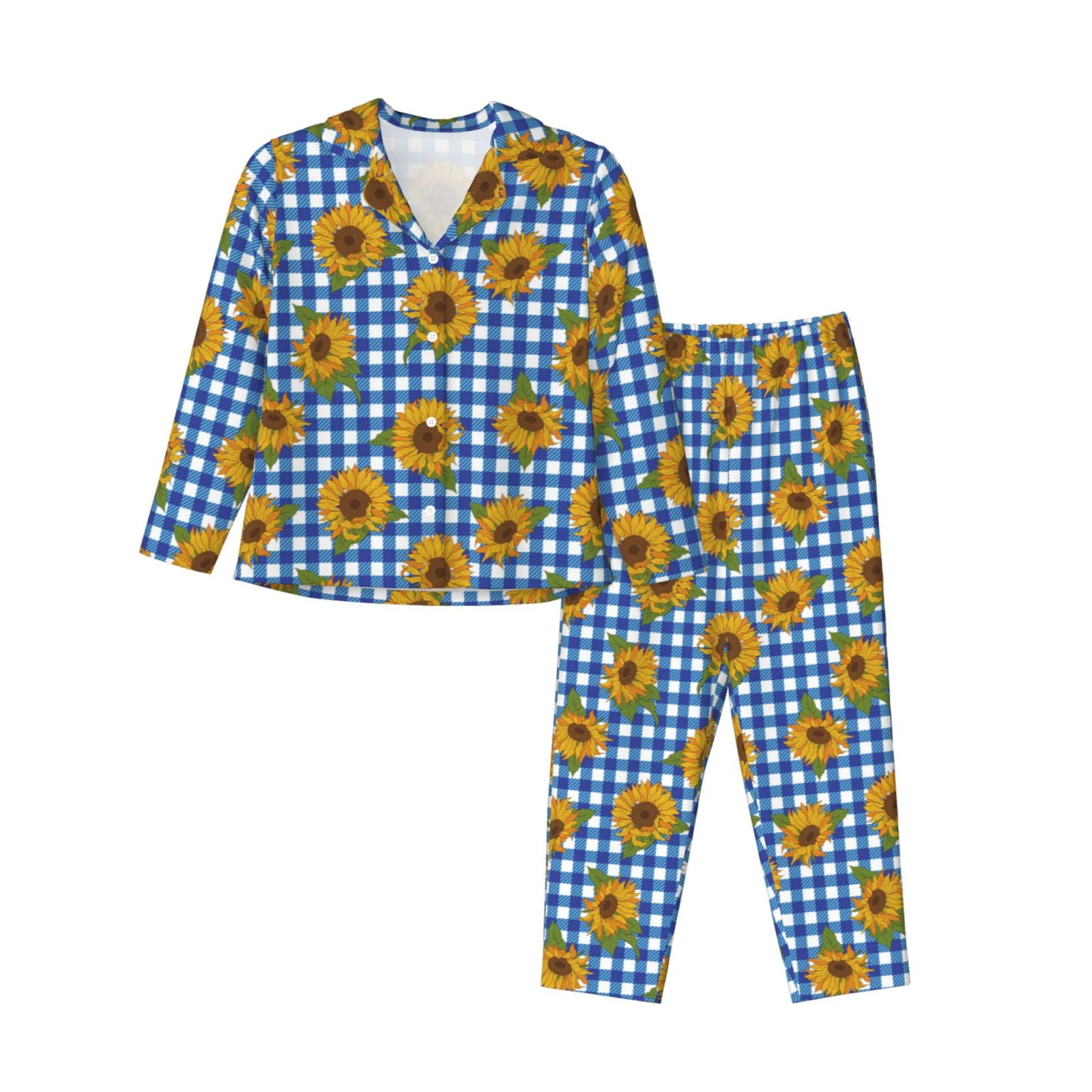 Qokaie Sunflowers Print Womens Pajama Set, 2 Piece Soft Long Sleeve ...