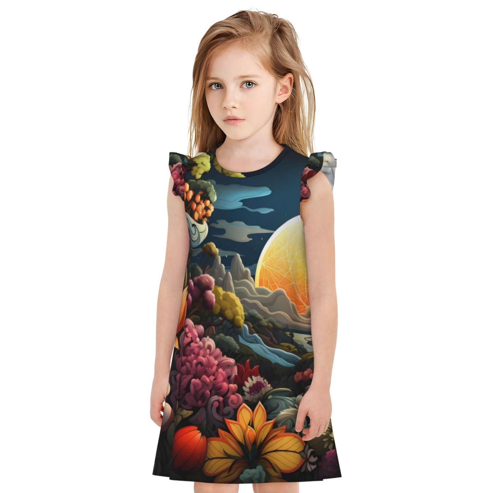 Qokaie Sunset Floral Fantasy Landscape Print Girls Nightgowns ...
