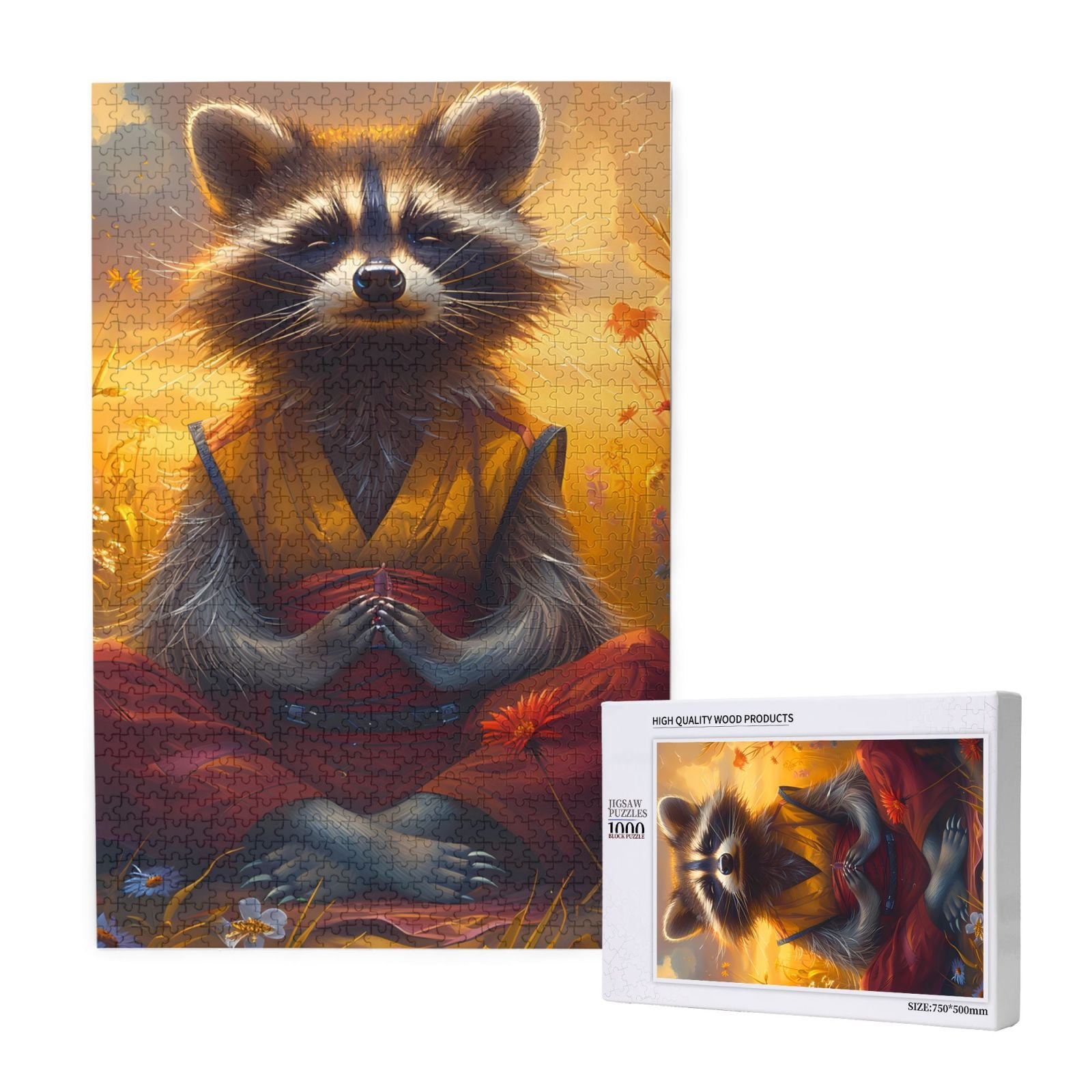 Qokaie Sunset Flower Meditating Raccoon Pattern Picture Puzzle,Wooden ...
