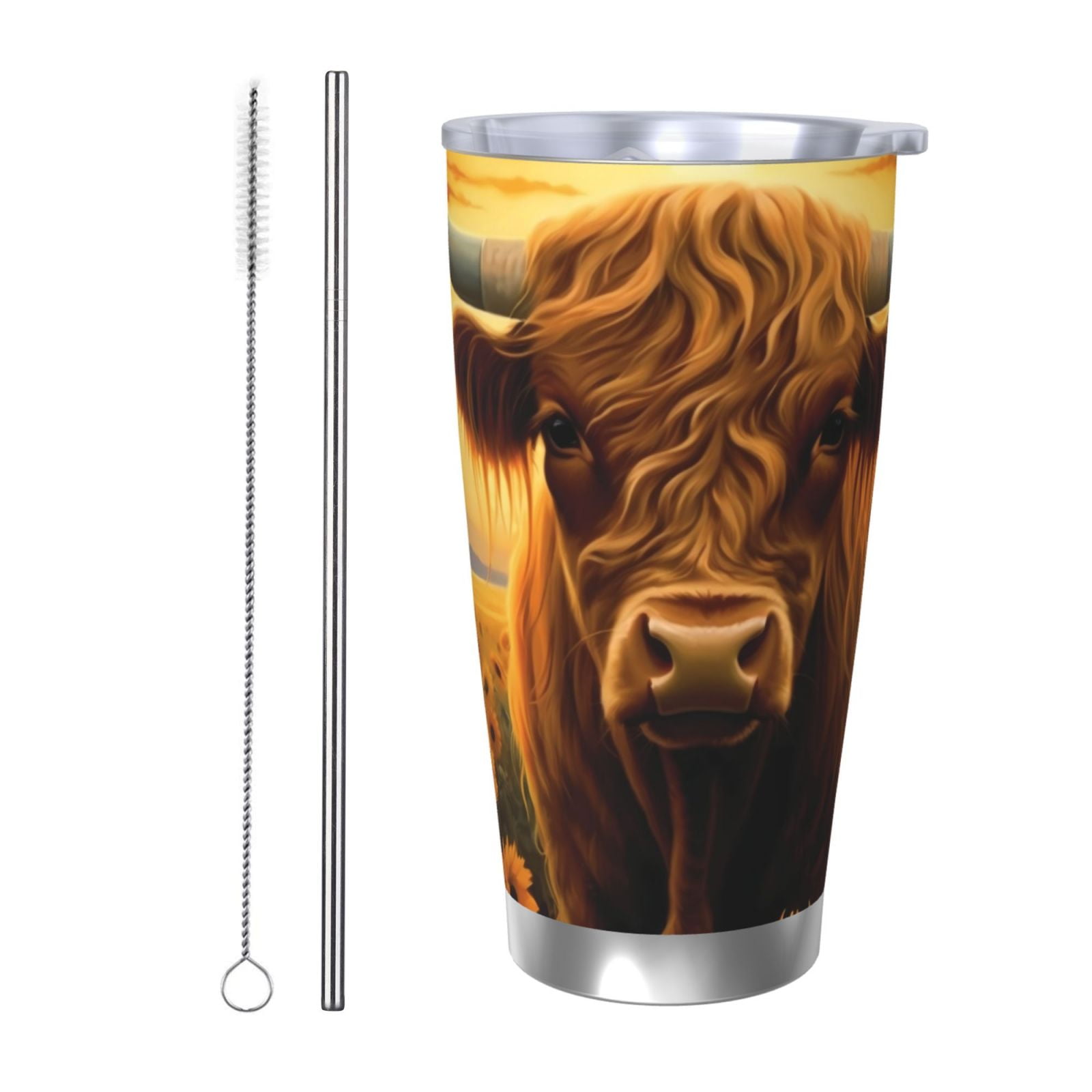 Qokaie Sunset Sunflower Cow A Pattern 20 Oz Coffee Car Insulated Coffee ...