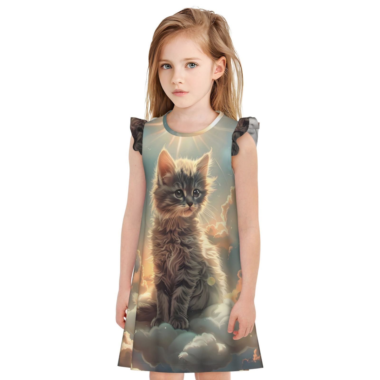Qokaie Sunshine Cloud Kitten Print Girls Nightgowns, Nightgown Princess ...