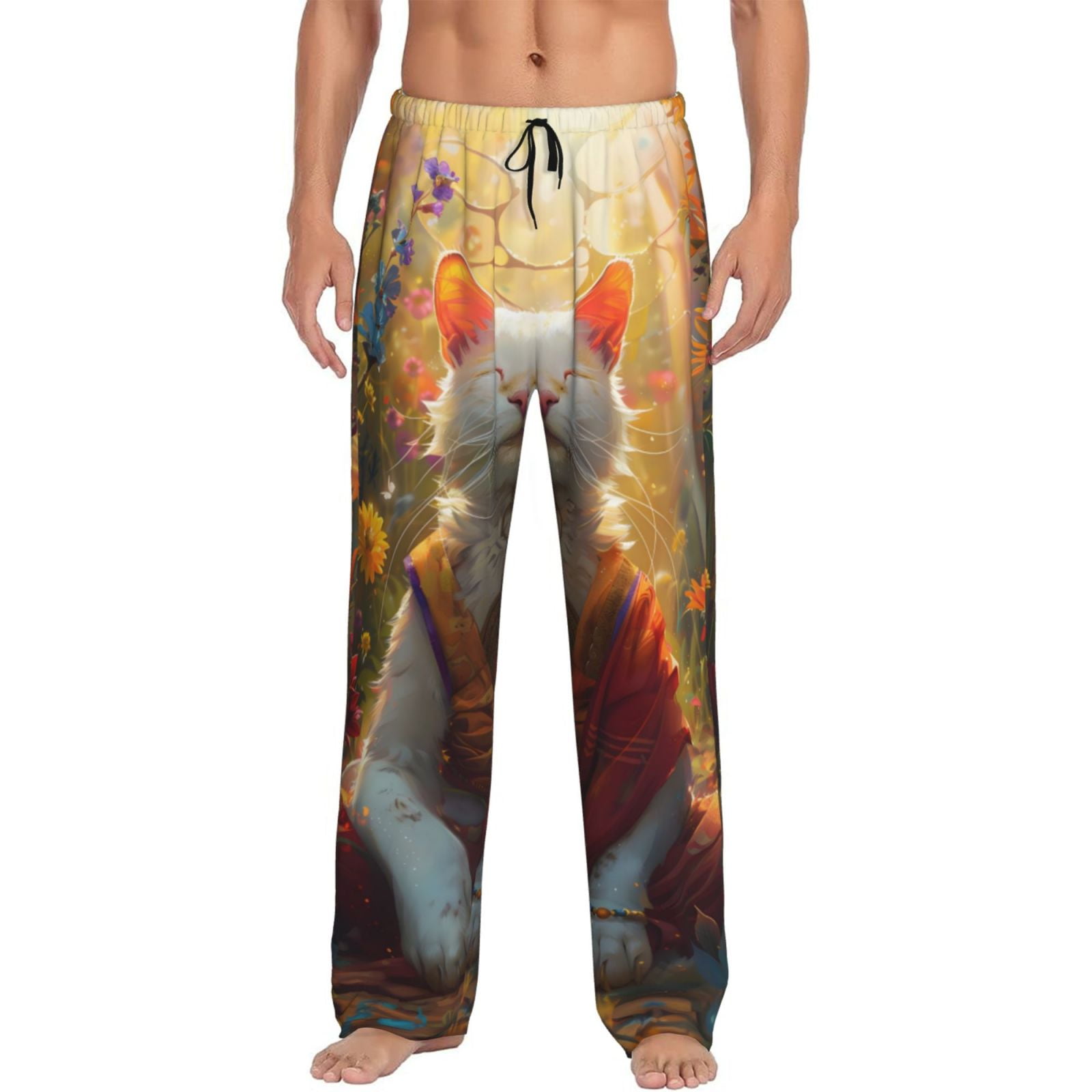 Qokaie Sunshine Flower Meditating Cat Drawing Silky Soft Men Pajama ...