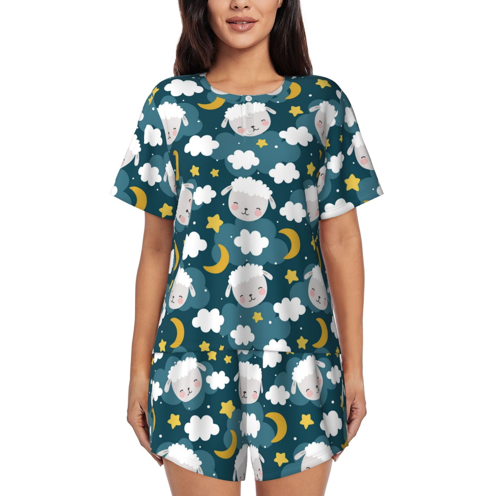 Qokaie Sweet Dream Lamb Pattern Pajamas Sets for Women Soft Short-Sleeved Pjs with Lounge Shorts ...