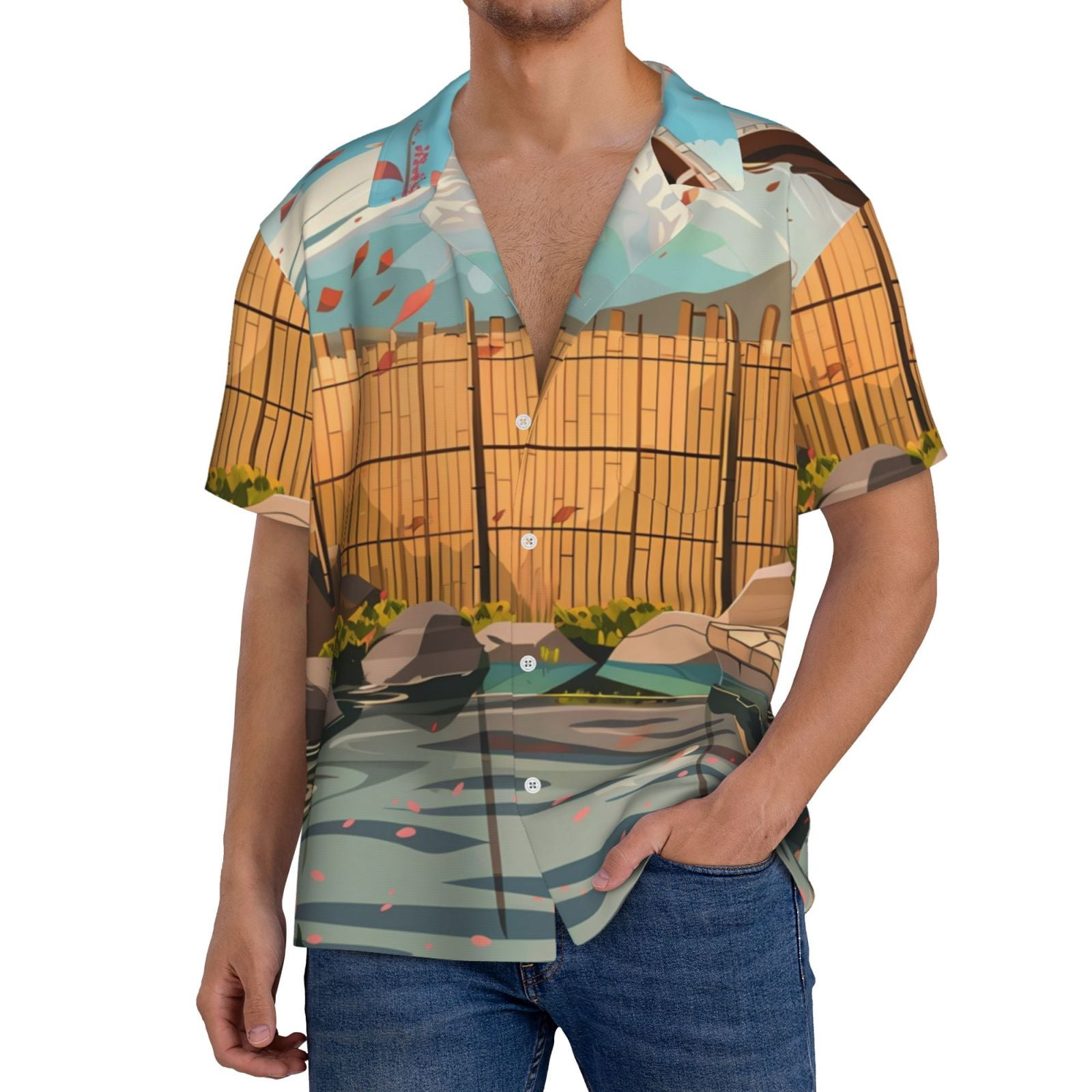 Qokaie Tranquil Garden Landscape Print Mens Casual Wrinkle Free Shirts ...