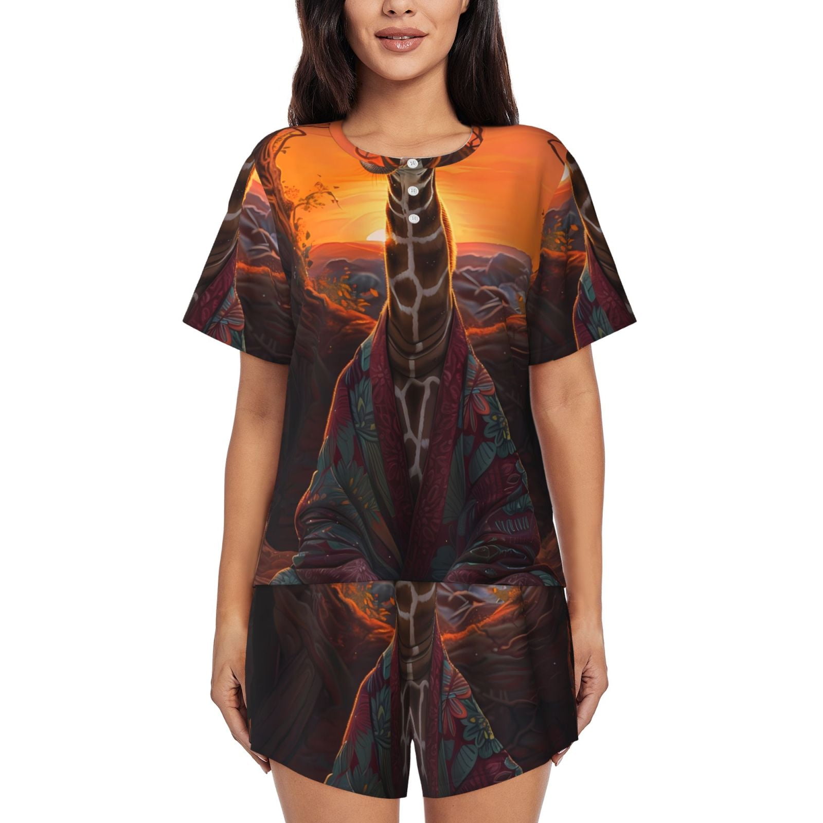 Qokaie Tree Hollow Meditating Giraffe Pattern Pajamas Sets for Women ...
