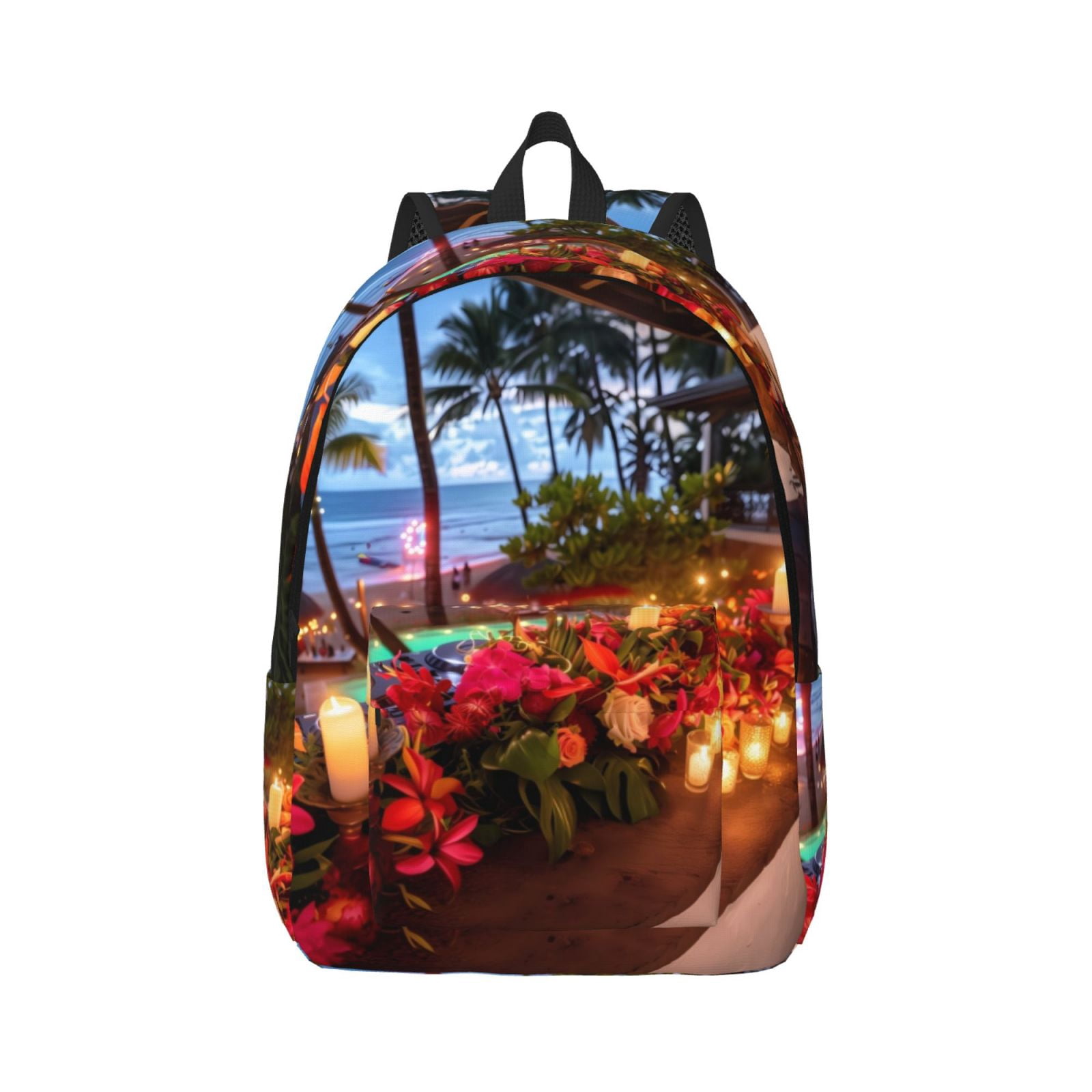 Qokaie Tropical Beach Candlelight Pattern Canvas Backpack Travel ...