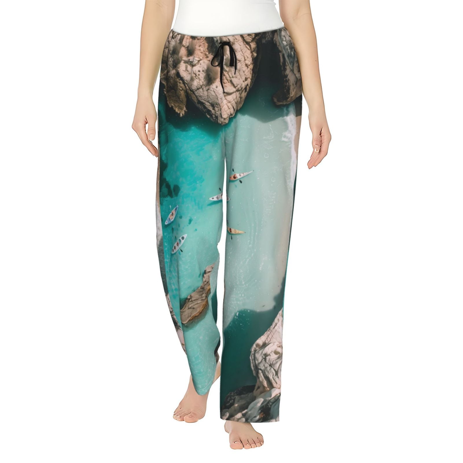 Qokaie Turquoise Beach Kayaking Drawing Silky Soft Women Pajama Pants ...