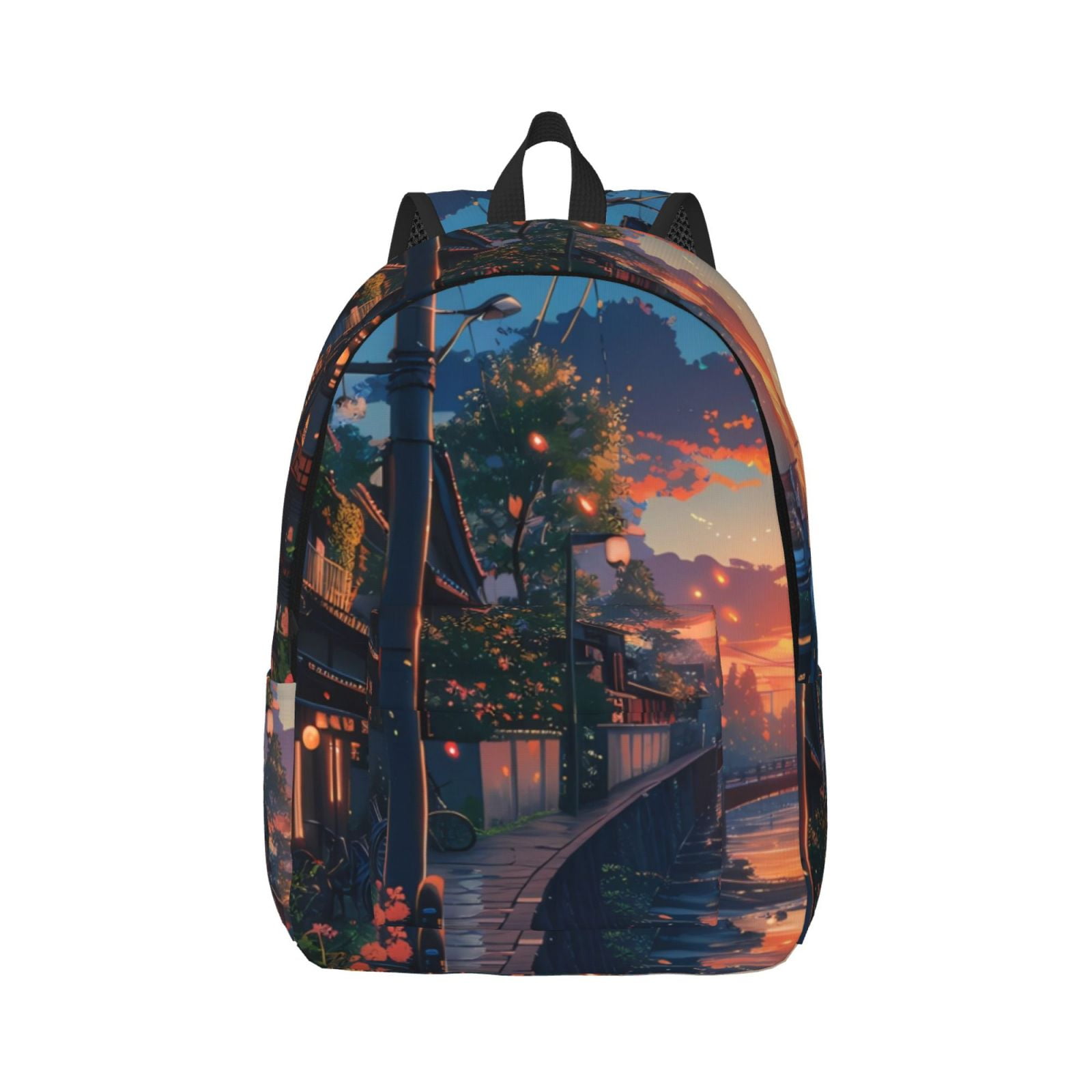 Qokaie Twilight Canal Reflection Pattern Canvas Backpack Travel Daypack ...
