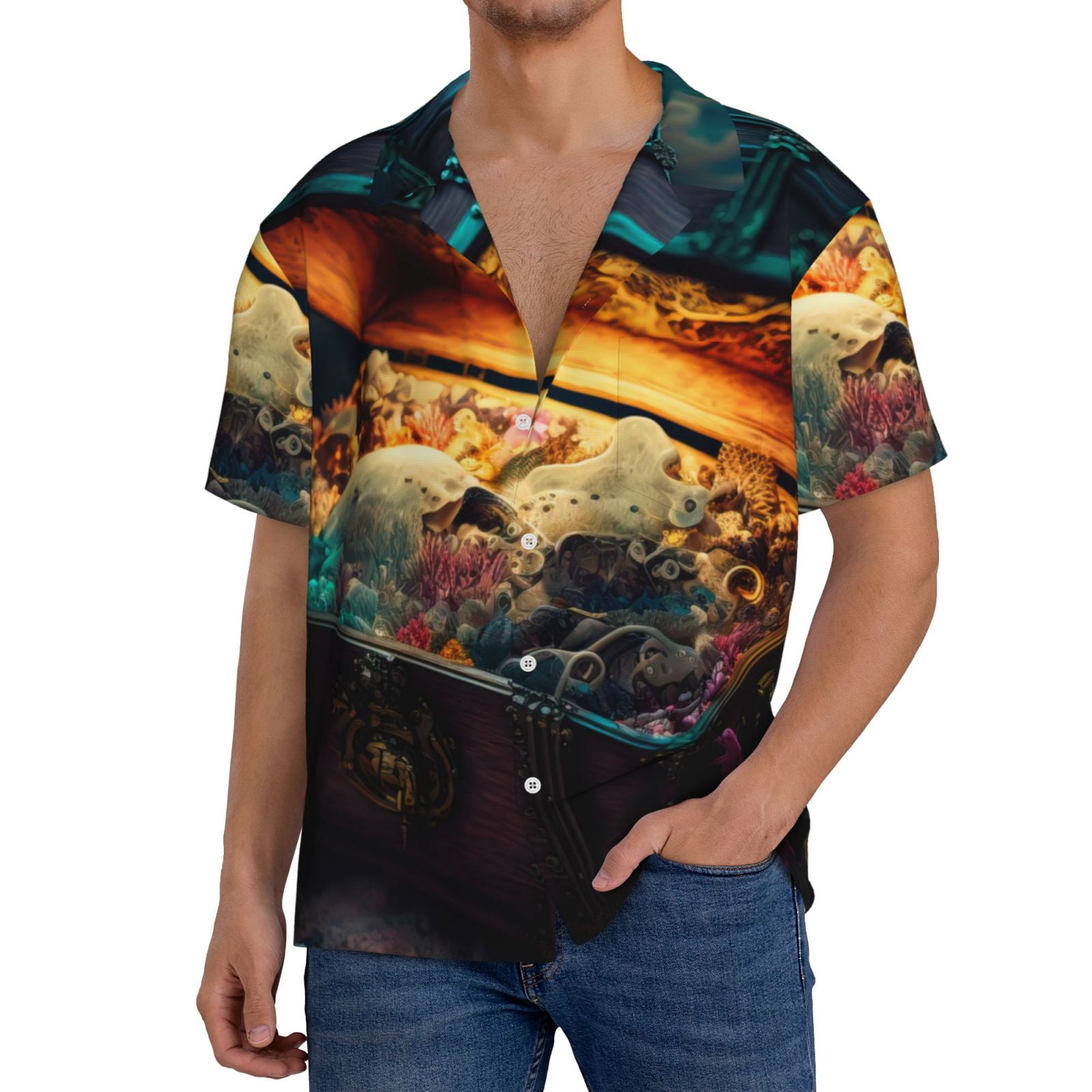 Qokaie Underwater Treasure Chest Print Mens Casual Wrinkle Free Shirts ...
