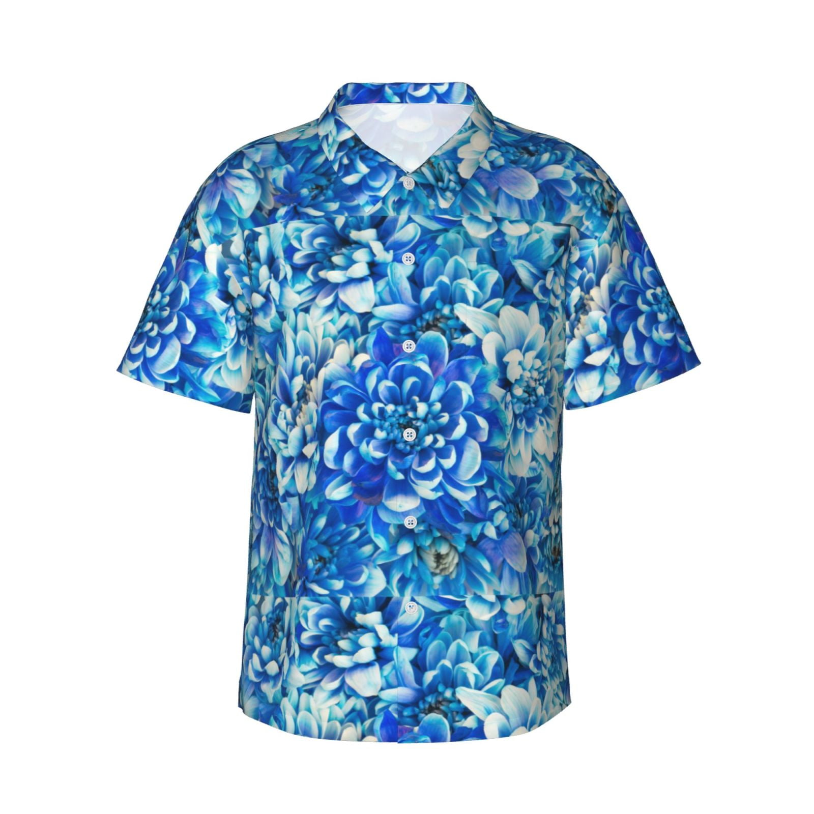 Qokaie Vibrant Blue Floral Print Men’s Hawaiian Shirt – Tropical Short ...