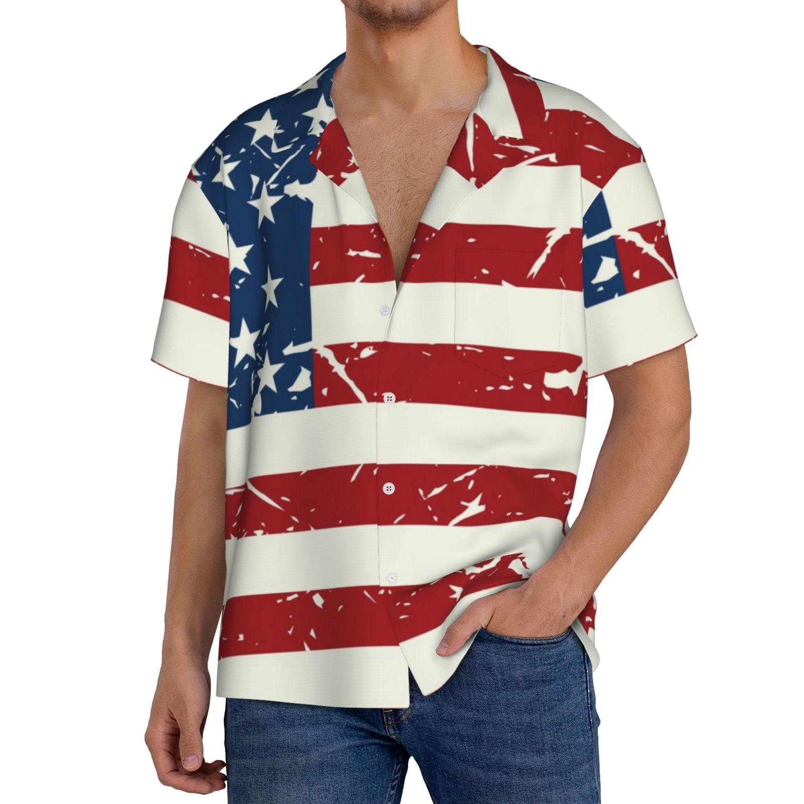 Qokaie Vintage American Flag Print Mens Casual Wrinkle Free Shirts ...