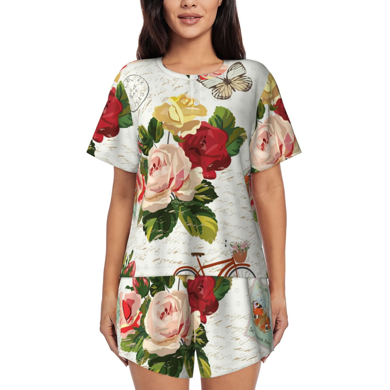 Qokaie Vintage Bike Flower Butterfly Pattern Pajamas Sets for Women ...