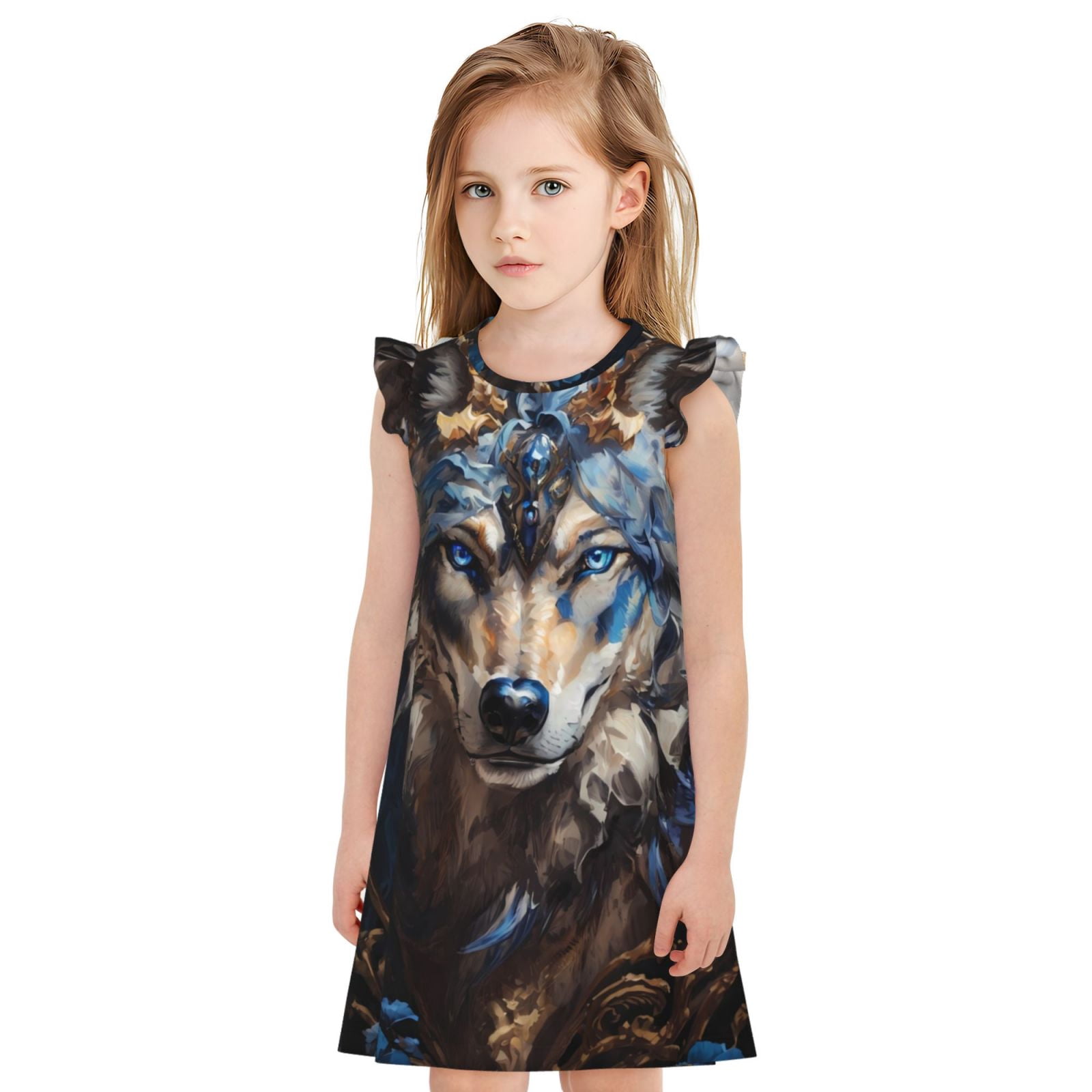 Qokaie Vintage Blue Floral Wolf Print Girls Nightgowns, Nightgown ...