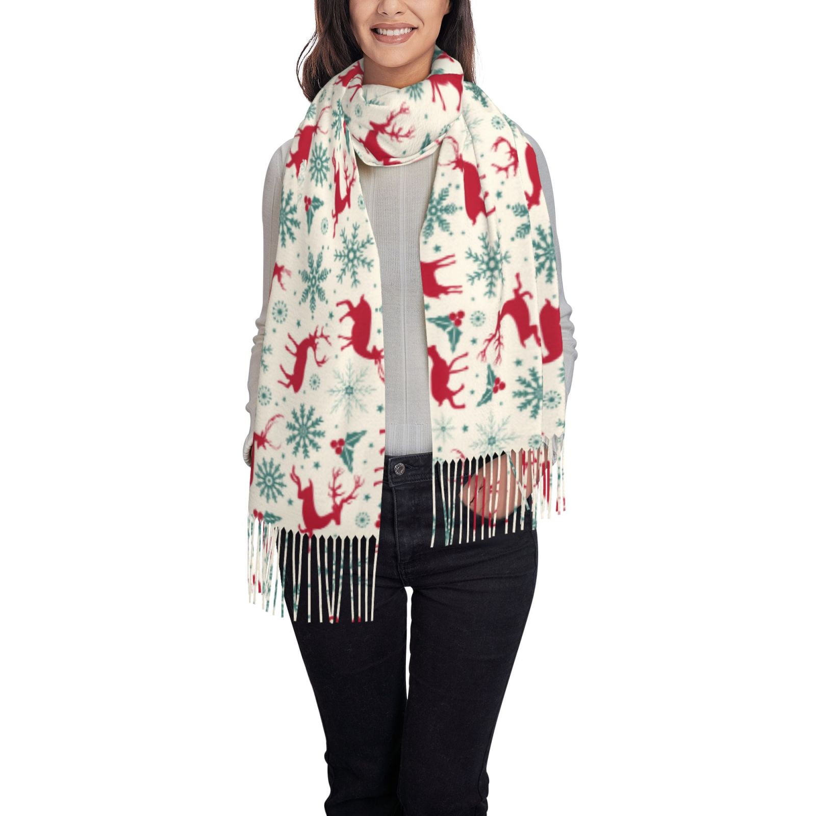 Qokaie Vintage Christmas Reindeer Print Scarf for Women Lightweight ...