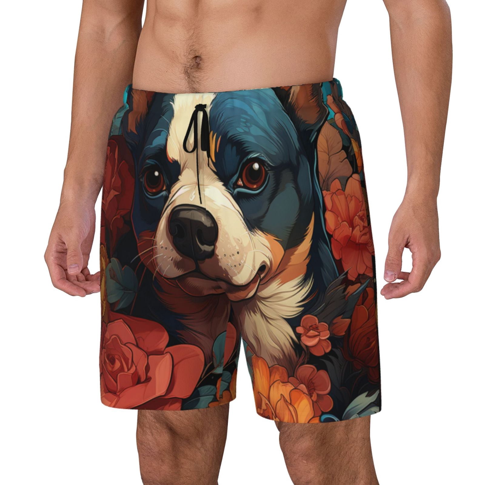 Qokaie Vintage Colorful Flower French Bulldog Print Mens Swim Trunks ...