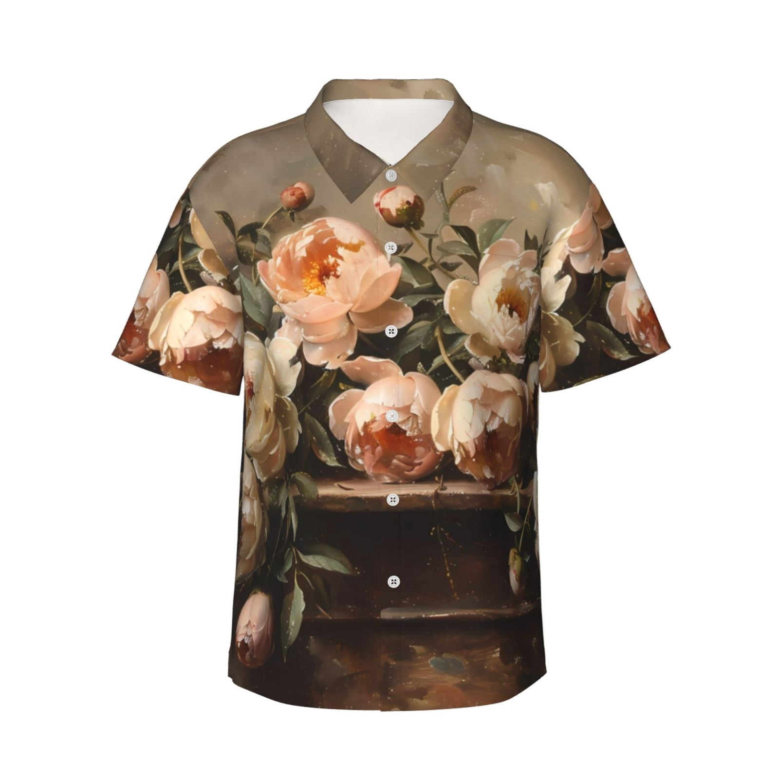 Qokaie Vintage Peonies Rustic Charm Print Men’s Hawaiian Shirt ...