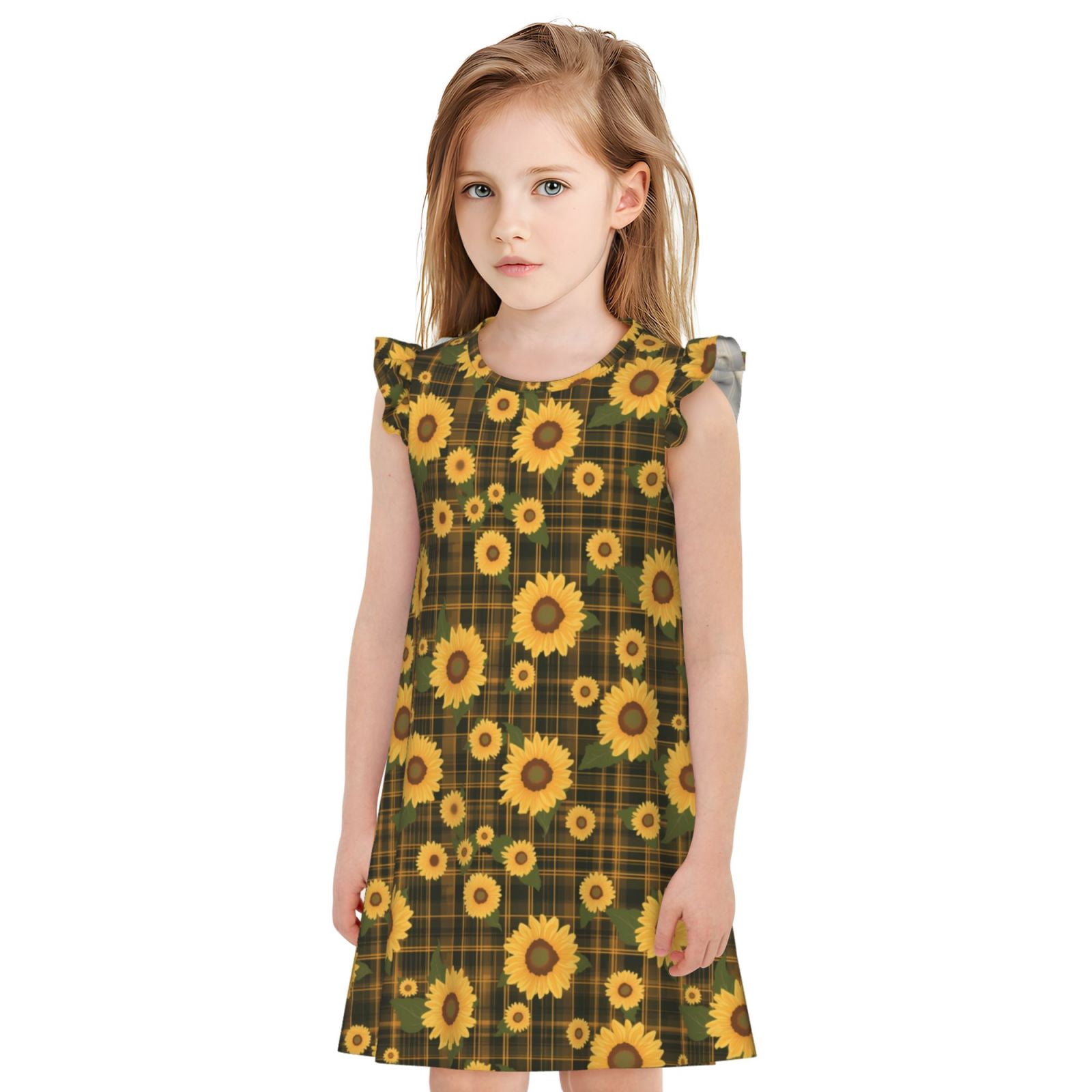 Qokaie Vintage Plaid Sunflower Print Girls Nightgowns, Nightgown ...