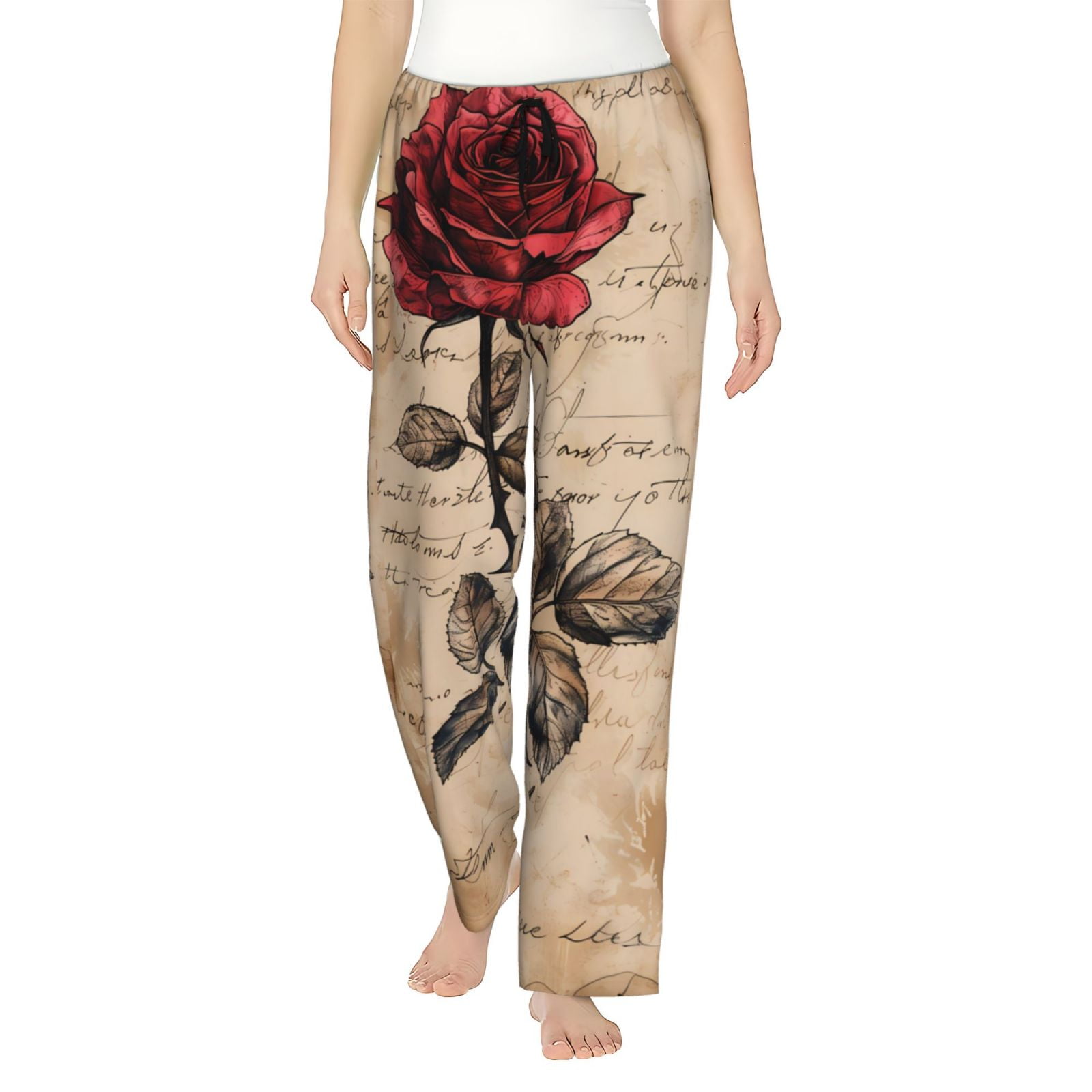 Qokaie Vintage Rose Botanical Art Drawing Silky Soft Women Pajama Pants ...