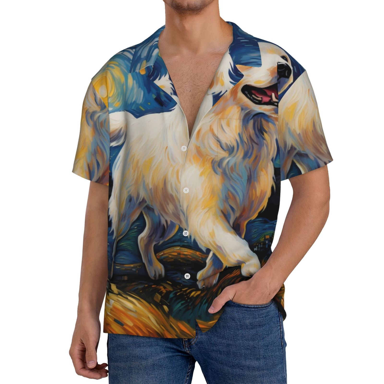 Qokaie Vintage Starry Sky Labrador Print Mens Casual Wrinkle Free ...