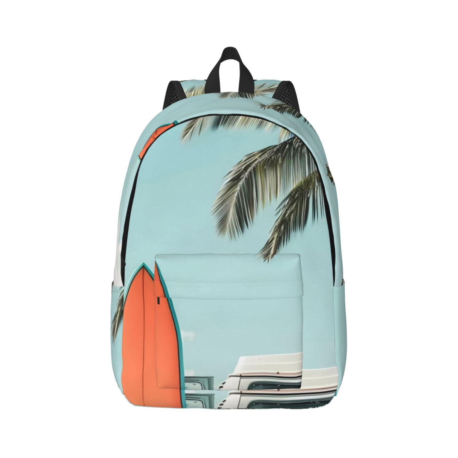 Qokaie Vintage Surf Van Beach Pattern Canvas Backpack Travel Daypack ...