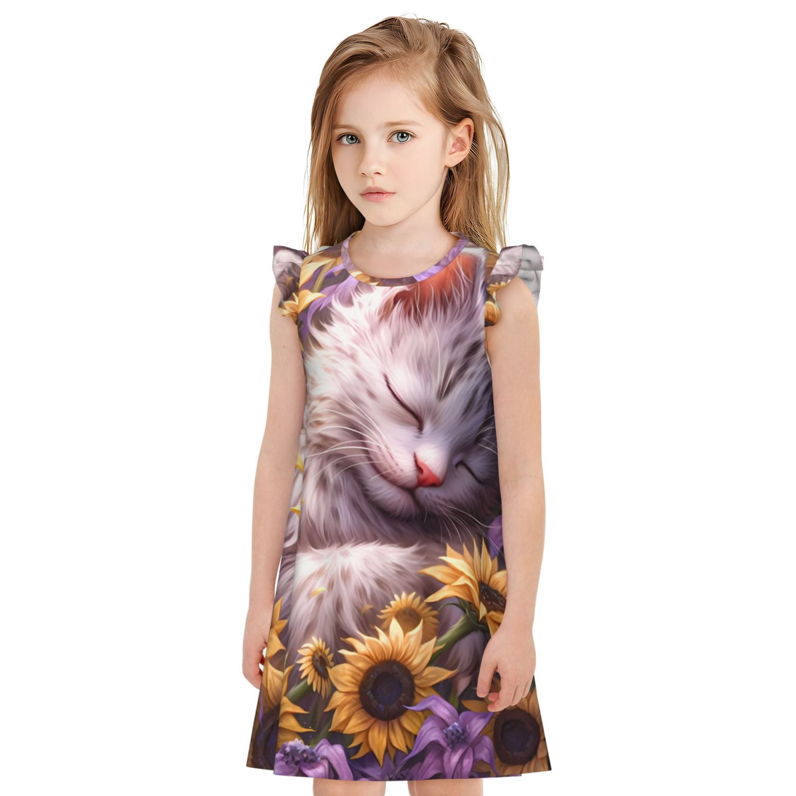 Qokaie Warm Sunflower Sleeping Cat Print Girls Nightgowns, Nightgown ...
